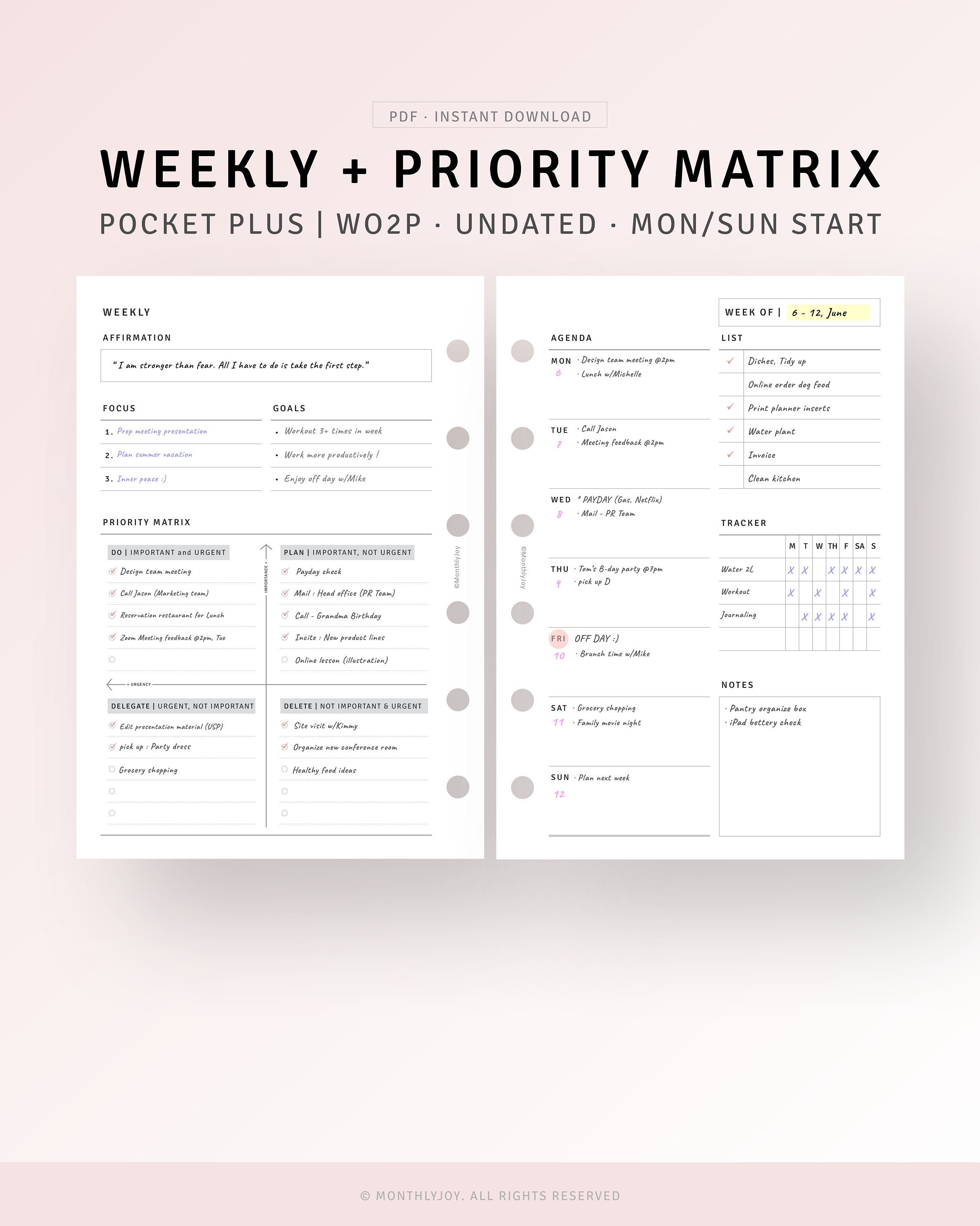 Weekly Agenda With Priority Matrix Pocket Plus Printable - Etsy