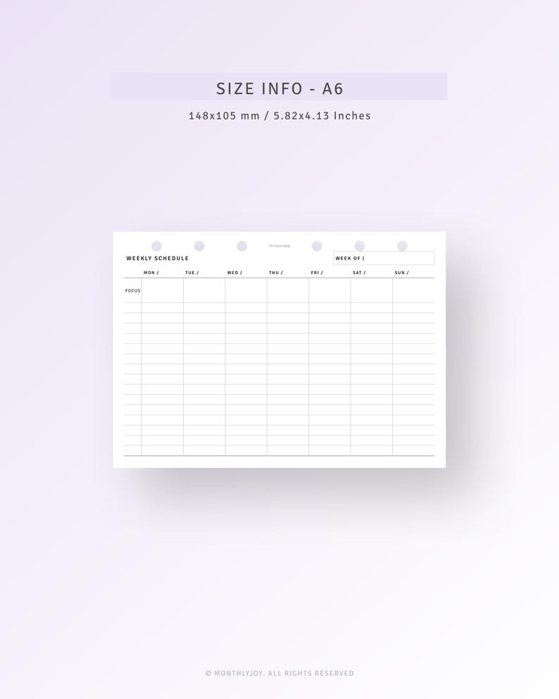 Printable Weekly Schedule Template A6 Inserts, Time Blocking Template ...