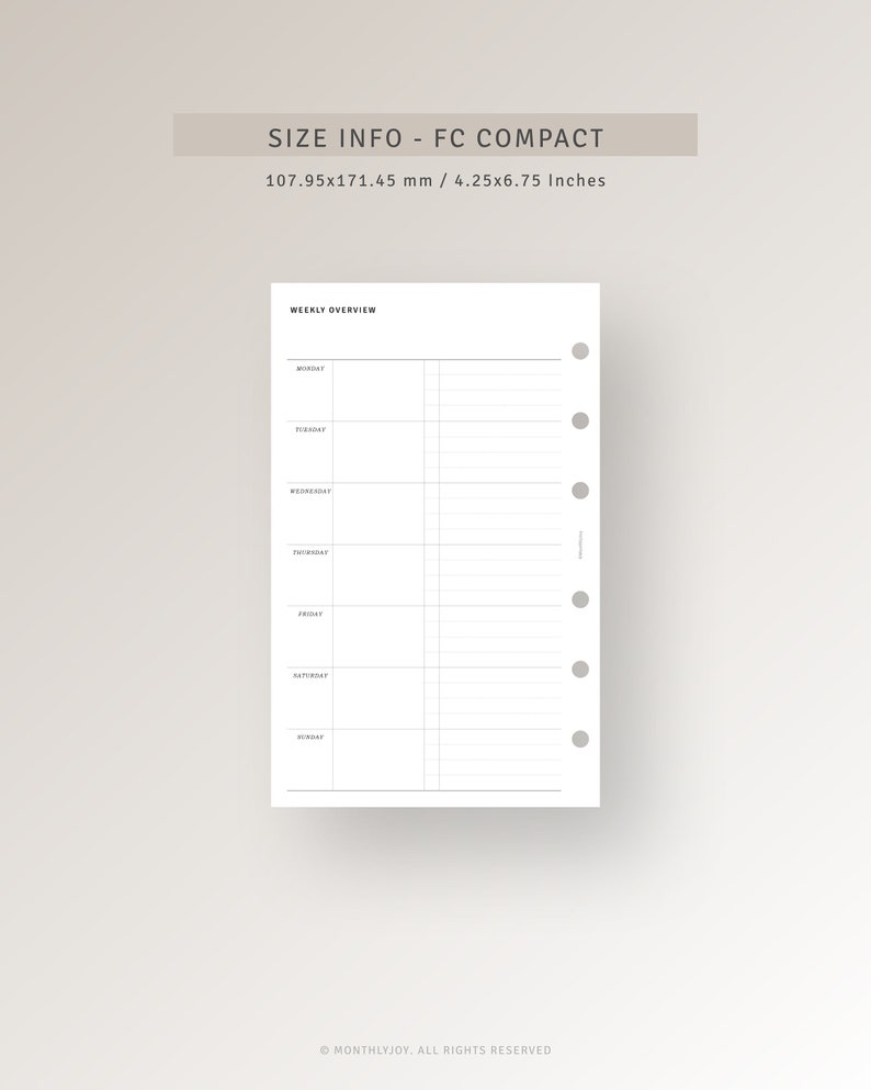 Weekly Overview FC Compact Printable Inserts, Weekly Agenda Organizer ...