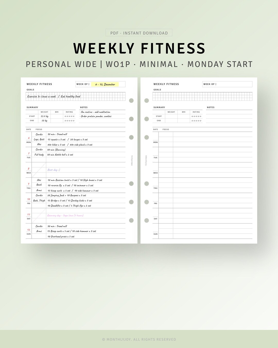Weekly Fitness Tracker Personal Wide Printable Inserts, Workout Planner ...