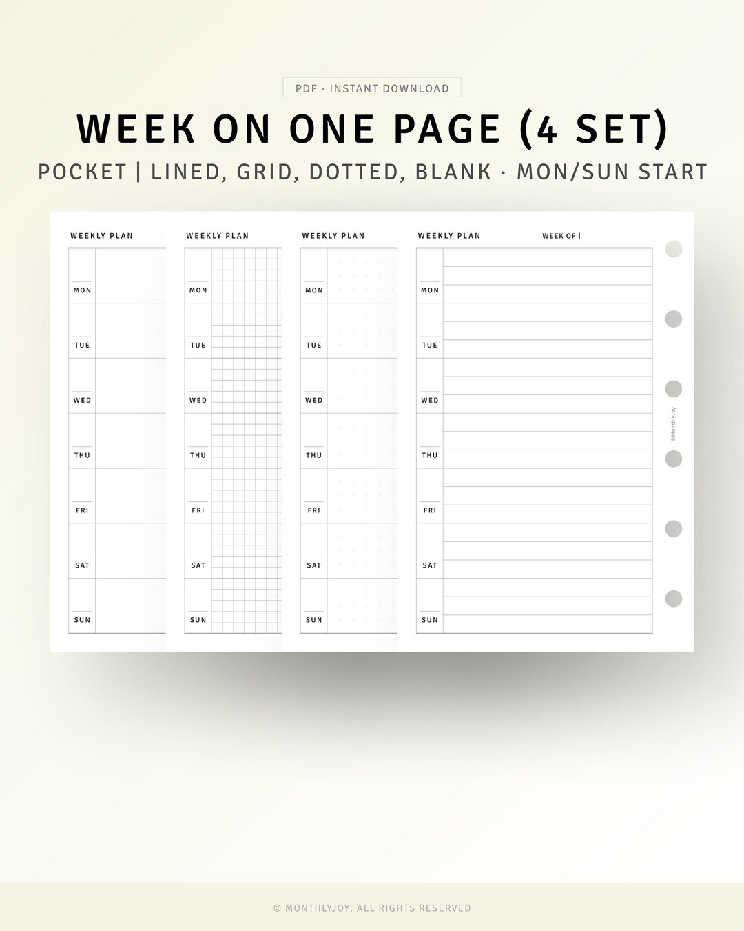 Week on 1 Page Printable Pocket Inserts PDF, Weekly Planner Bundle for ...