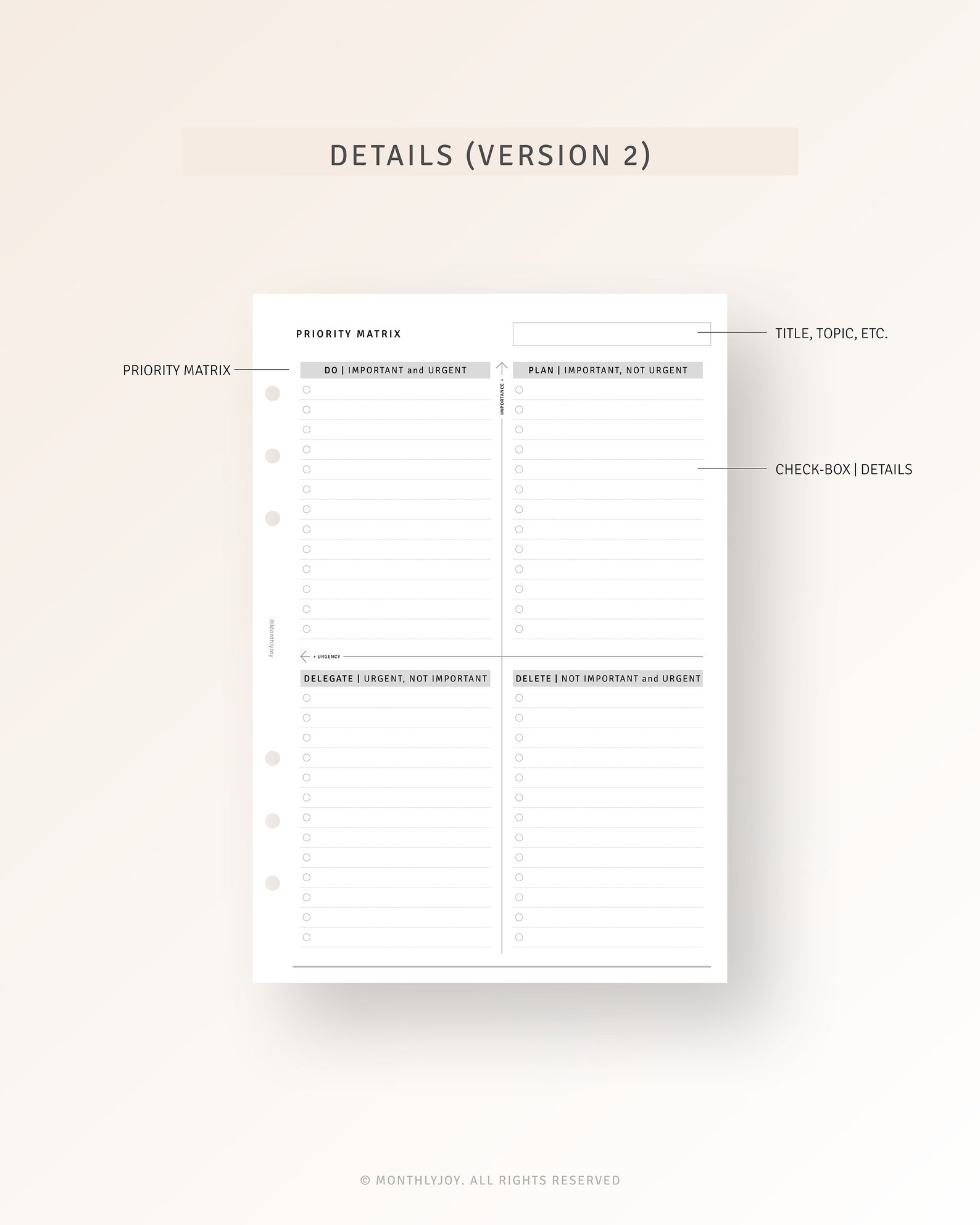Priority Matrix Template A5 Printable Inserts, Productivity Planner ...