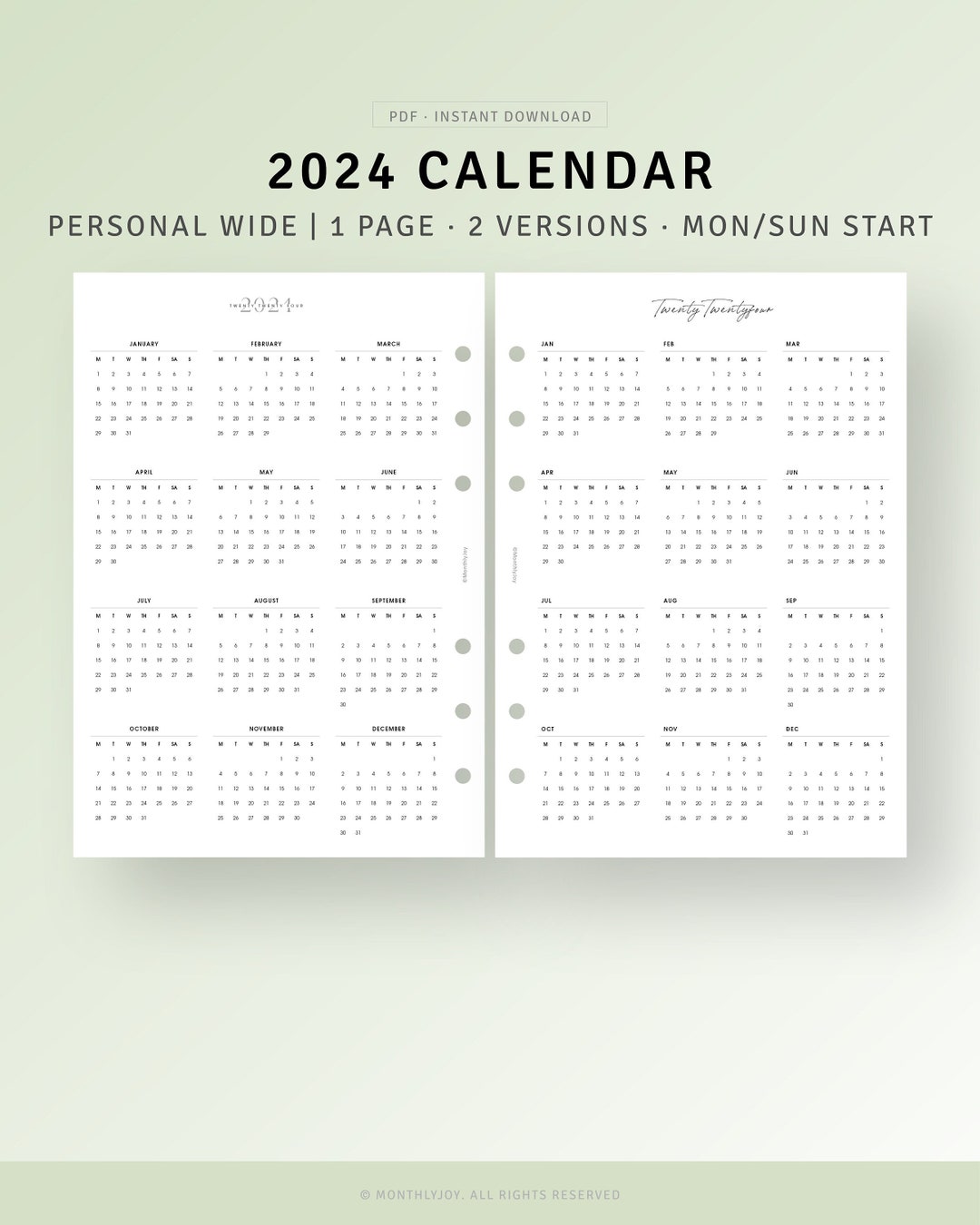 Simple 2024 Calendar Template Printable Personal Wide Inserts, Yearly ...