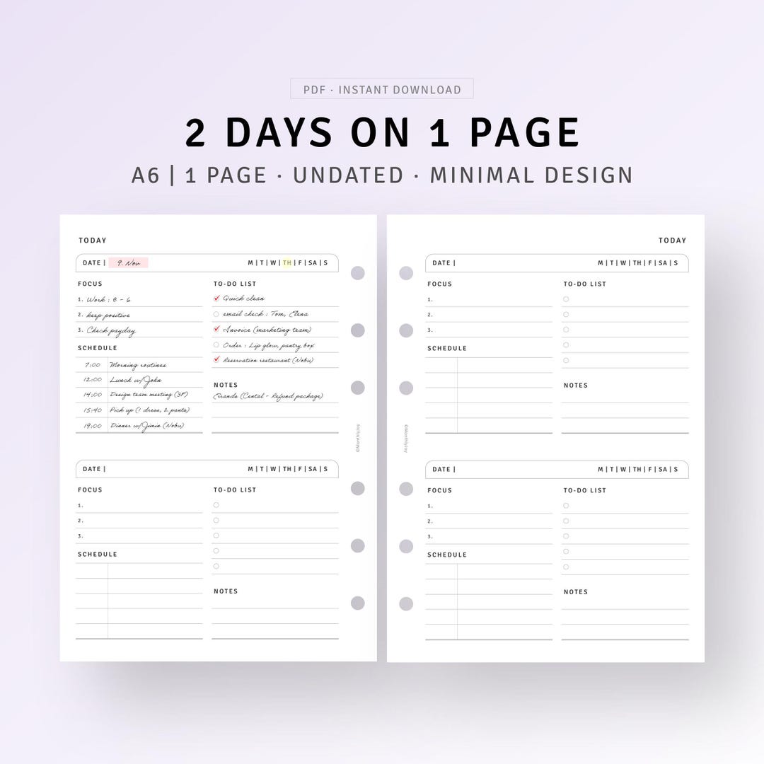 2 Days on 1 Page Printable A6 Inserts, Daily Schedule Template, Undated ...