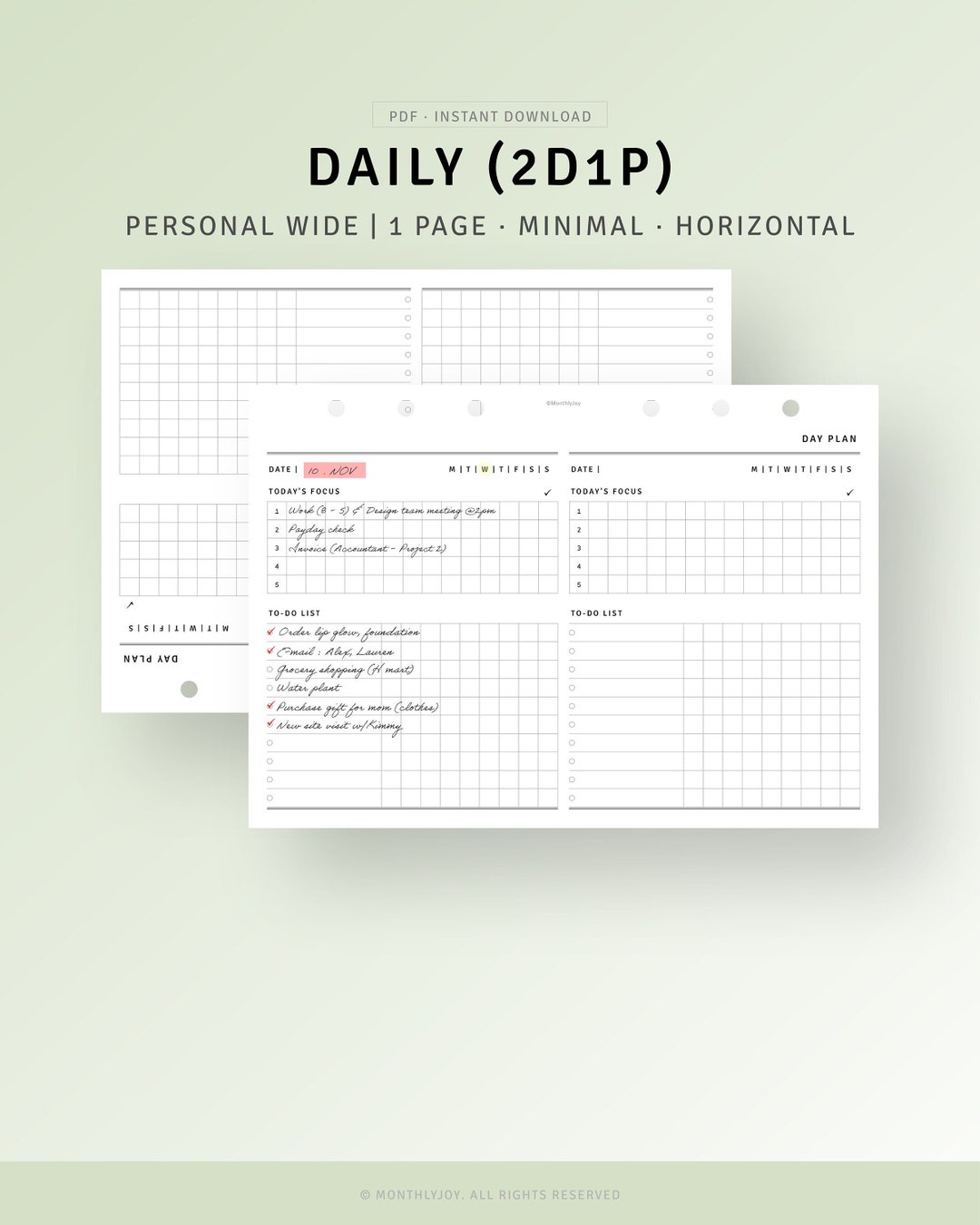 Undated Daily Planner Printable Personal Wide Inserts, 2 Days on 1 Page ...
