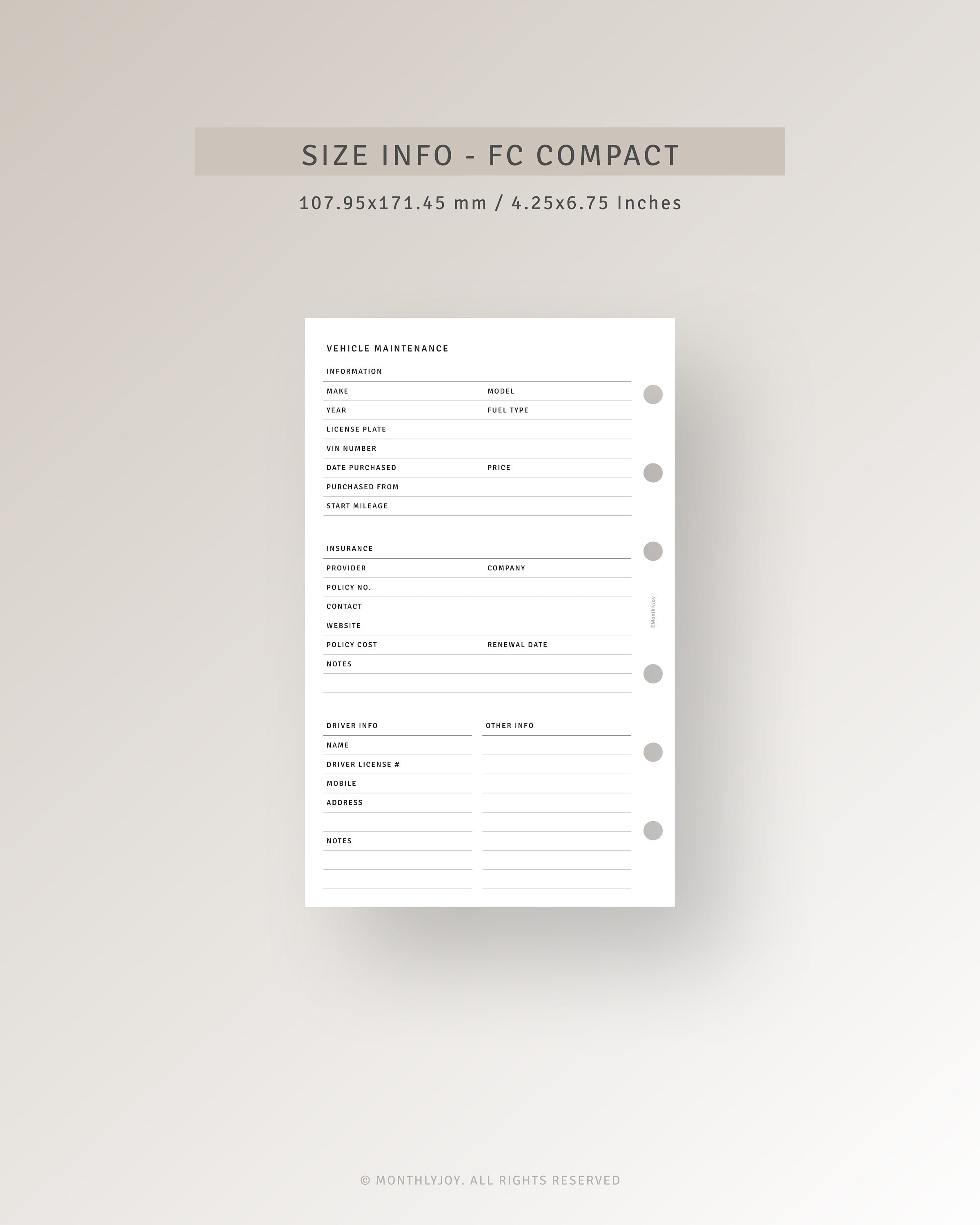 Car Maintenance Log FC Compact Inserts Printable Vehicle Service ...