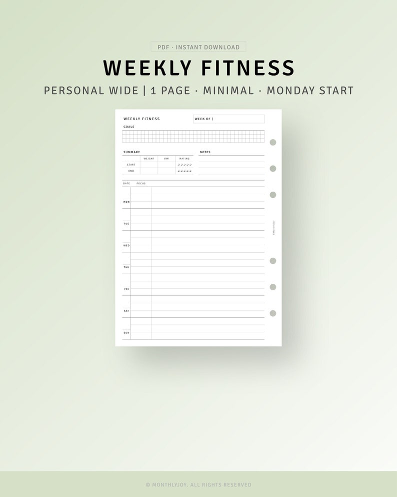 Weekly Fitness Tracker Personal Wide Printable Inserts - Etsy