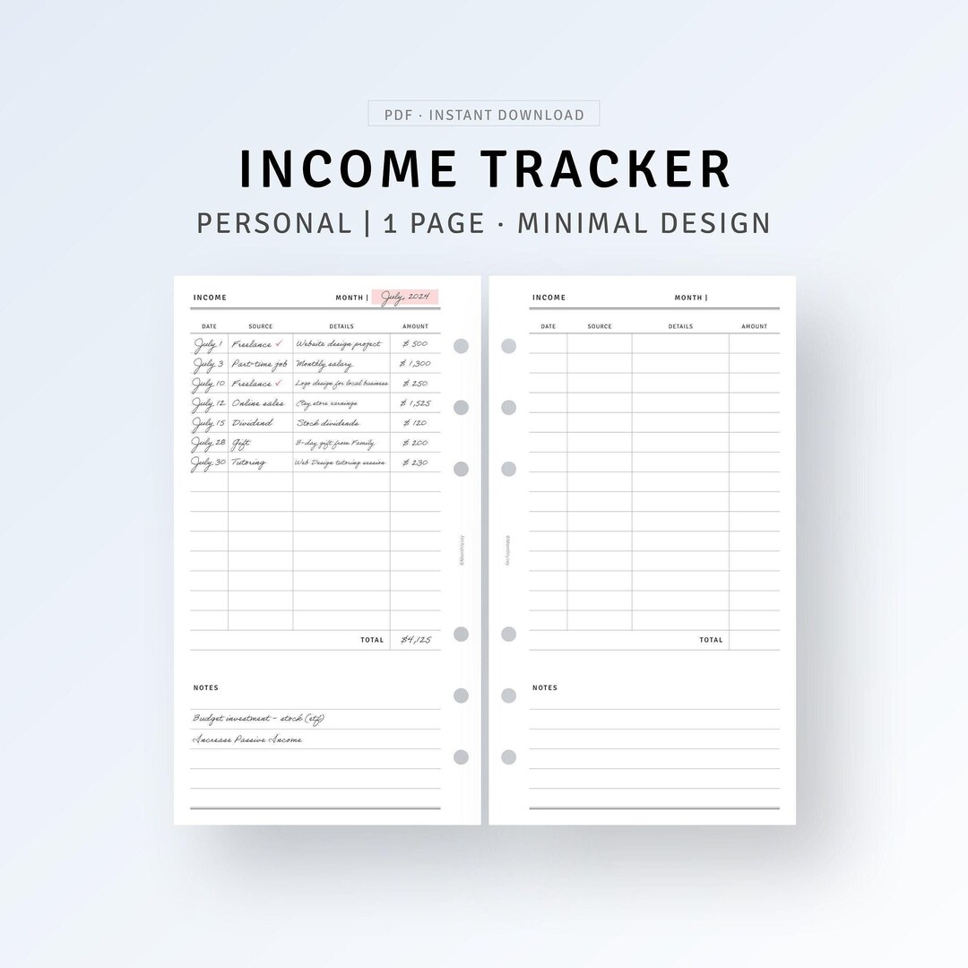 Personal, Income Tracker Printable Inserts, Monthly Income Planner ...