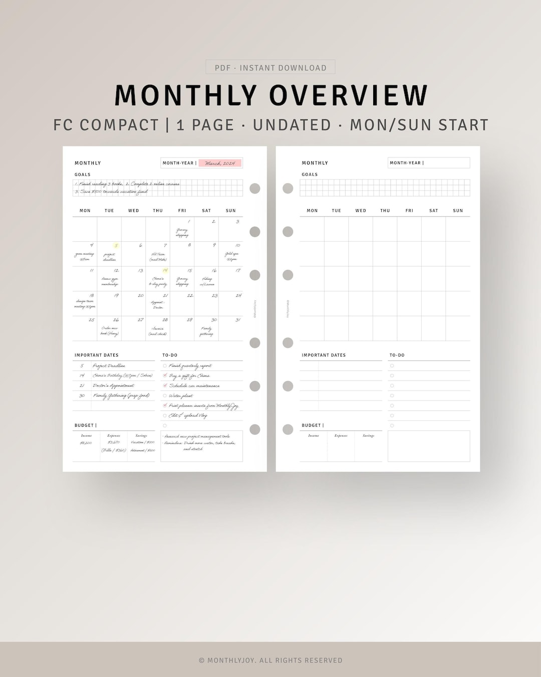 Monthly Overview Printable FC Compact Inserts, Month at A Glance, Blank ...