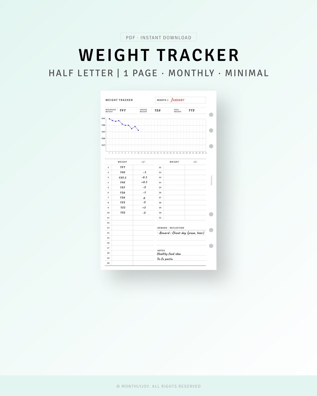 Weight Loss Tracker Printable Half Letter Inserts, Diet Fitness ...