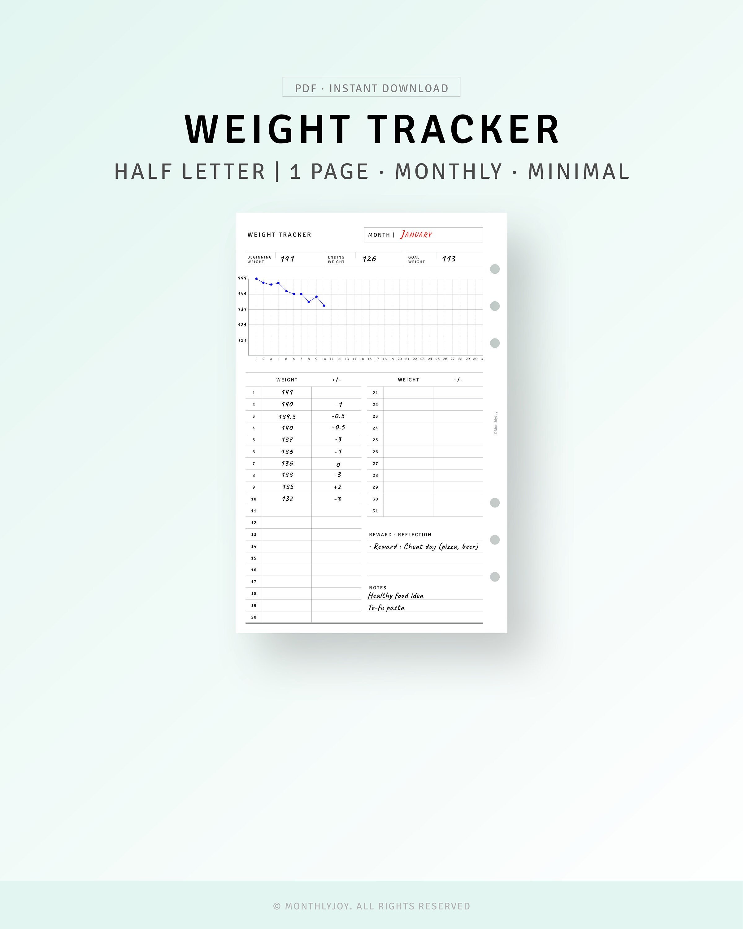 Weight Loss Journal Template Half Letter Inserts PDF Weight Goal ...