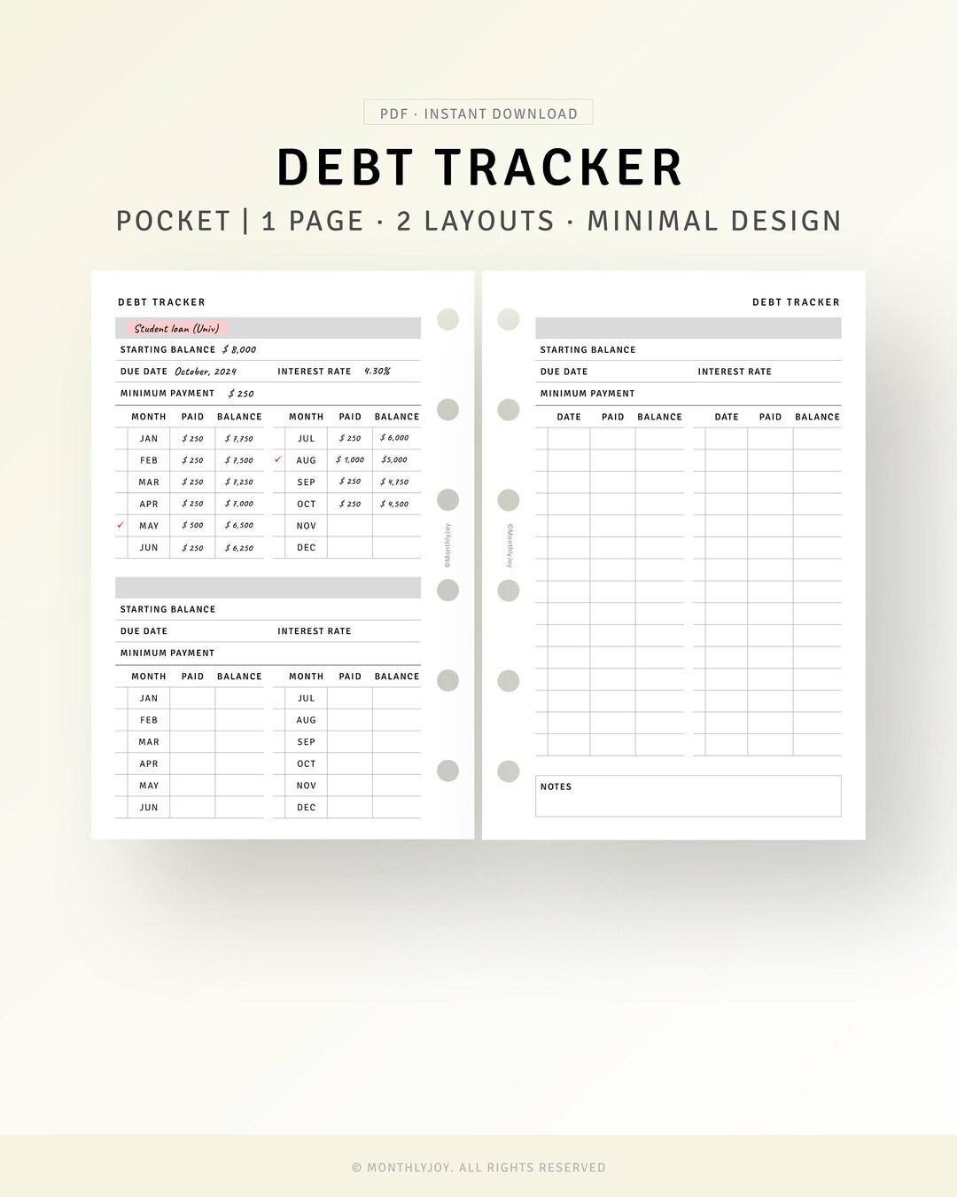 Debt Tracker Printable Pocket Ring Inserts, Student Loan Debt Payoff ...
