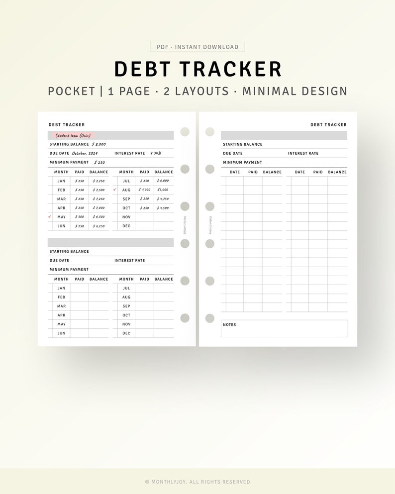 Debt Tracker Printable Pocket Ring Inserts Student Loan Debt - Etsy