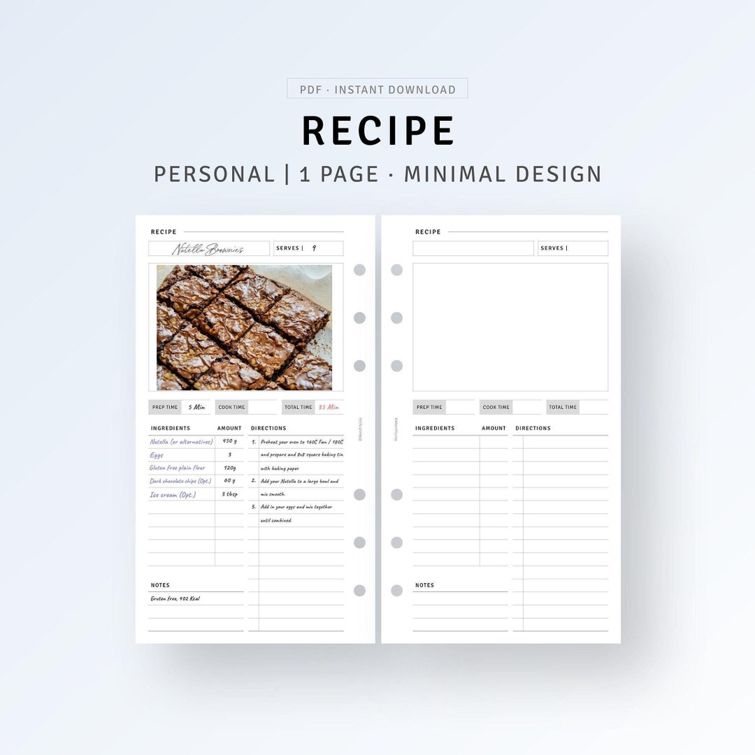 Personal Size, Recipe Journal Printable Food Recipe Template, Diet Meal ...