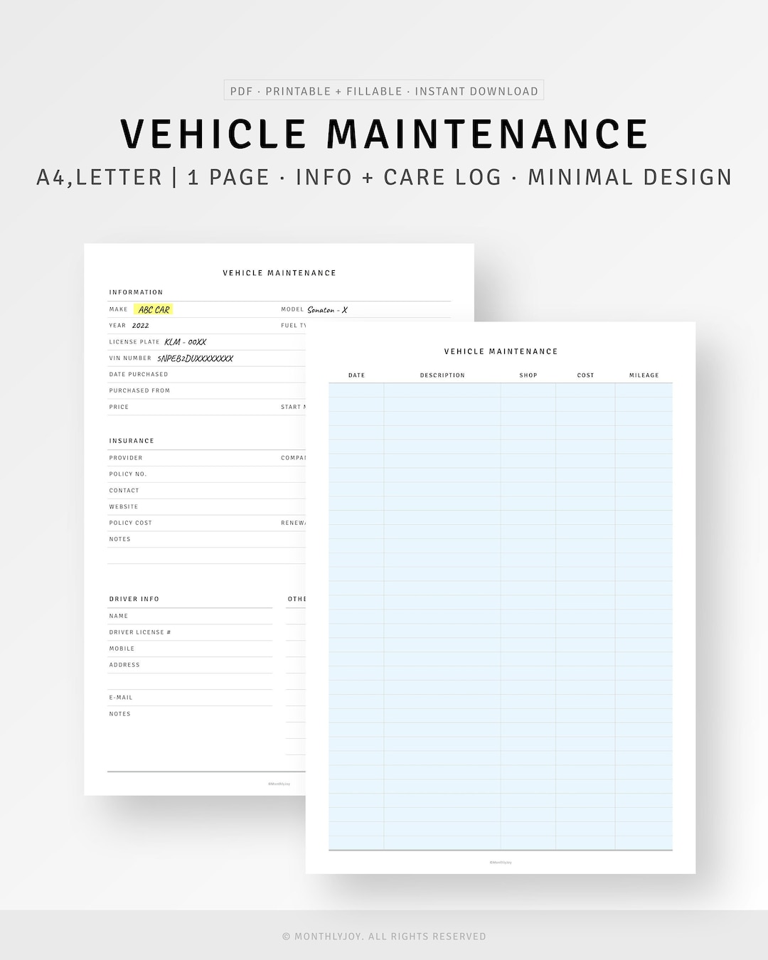 Car Maintenance Sheet A4/letter Size Printable Auto Mileage Log Journal ...