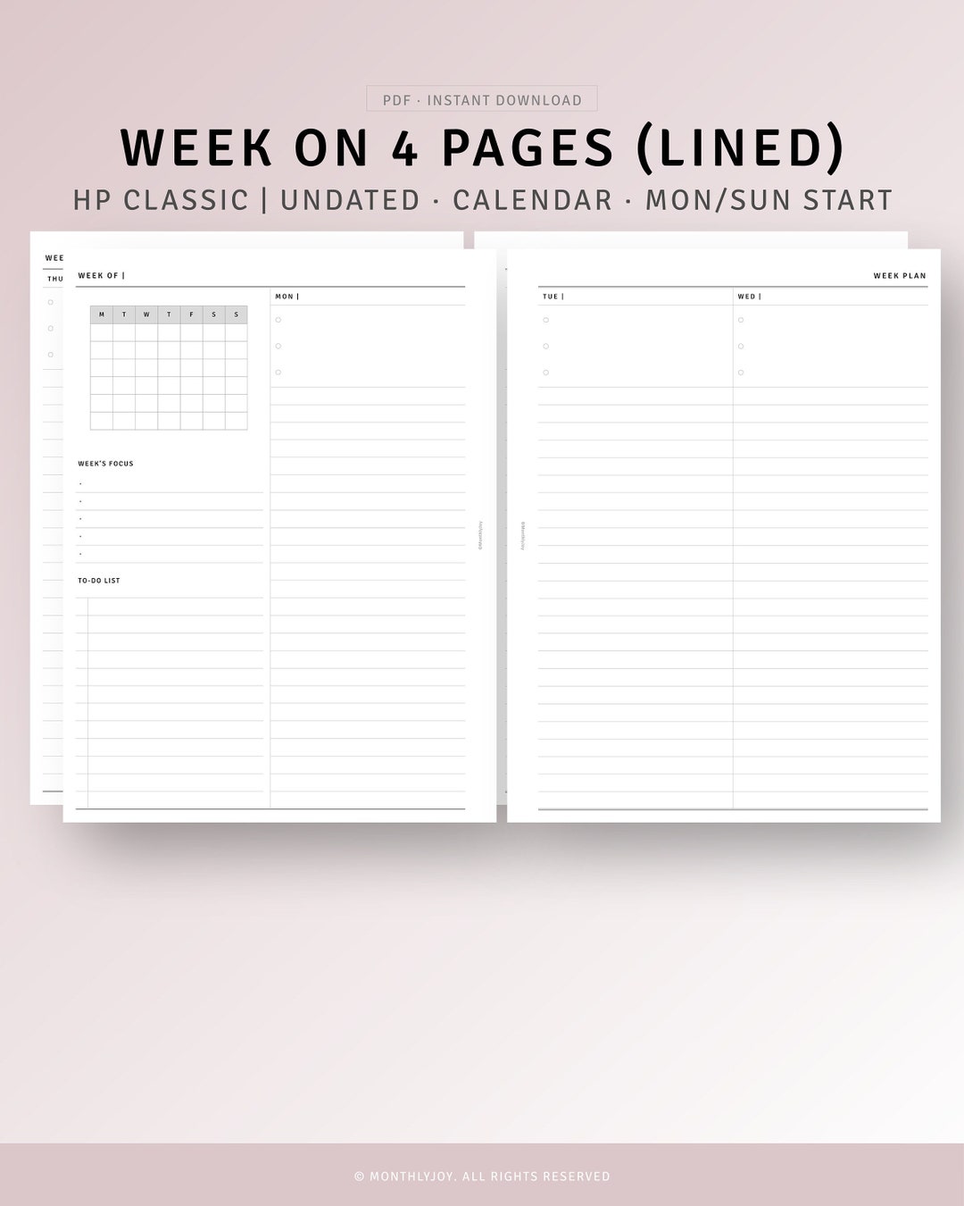 Week on 4 Pages Printable HP Classic Inserts, Undated Weekly Planner ...