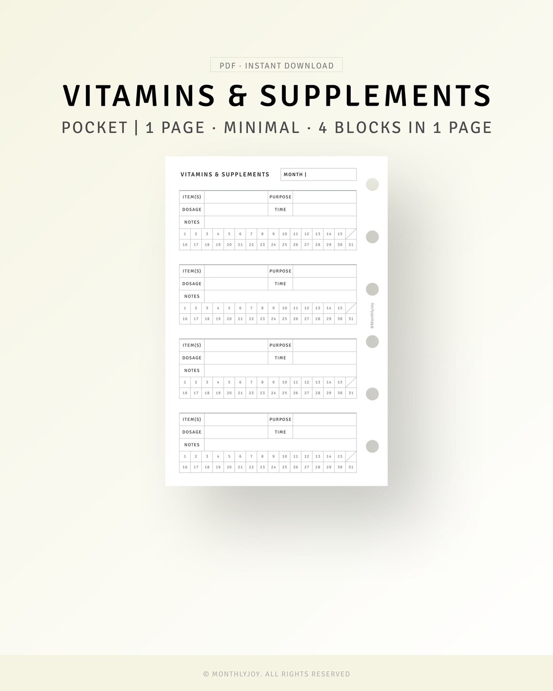 Pocket Medication Log Tracker Printable Vitamin Log | Etsy