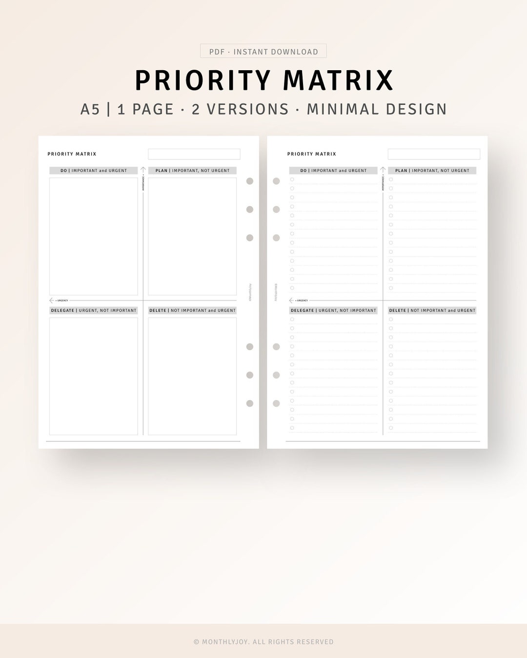 Priority Matrix Template A5 Printable Inserts, Productivity Planner ...