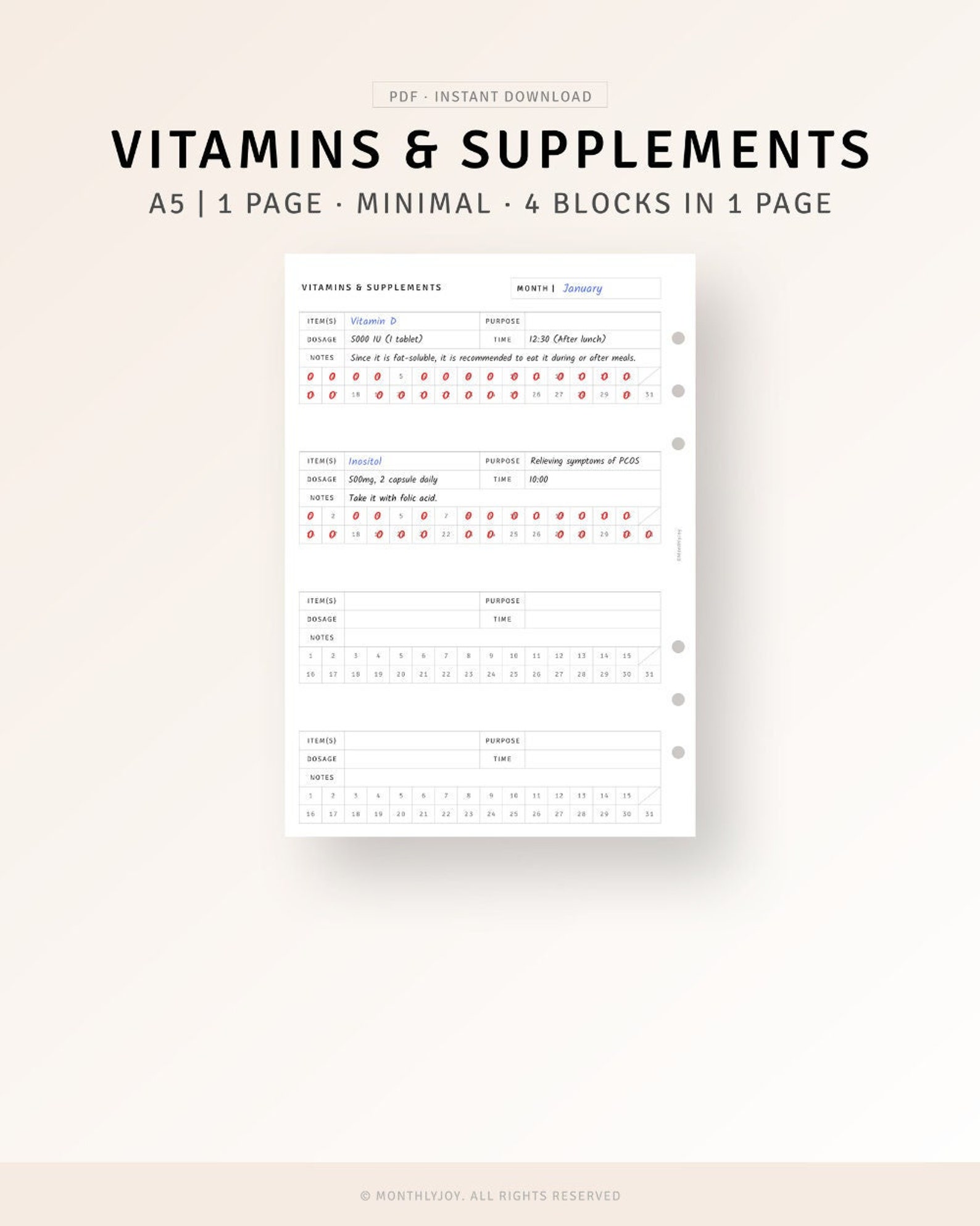 Medication Log A5 Inserts Printable Vitamin Supplement - Etsy