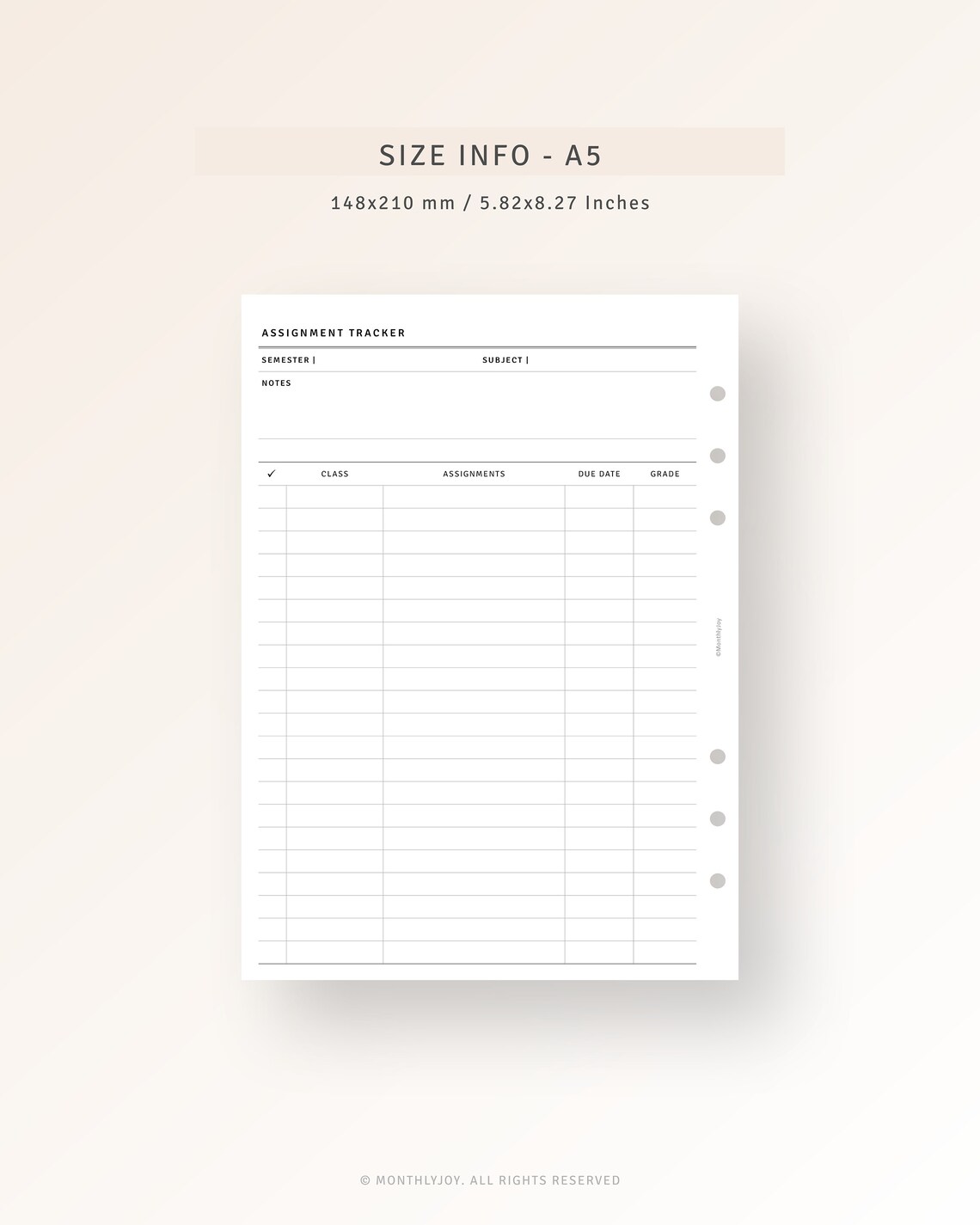 Assignment Tracker Printable A5 Ring Inserts, Student Planner Template ...