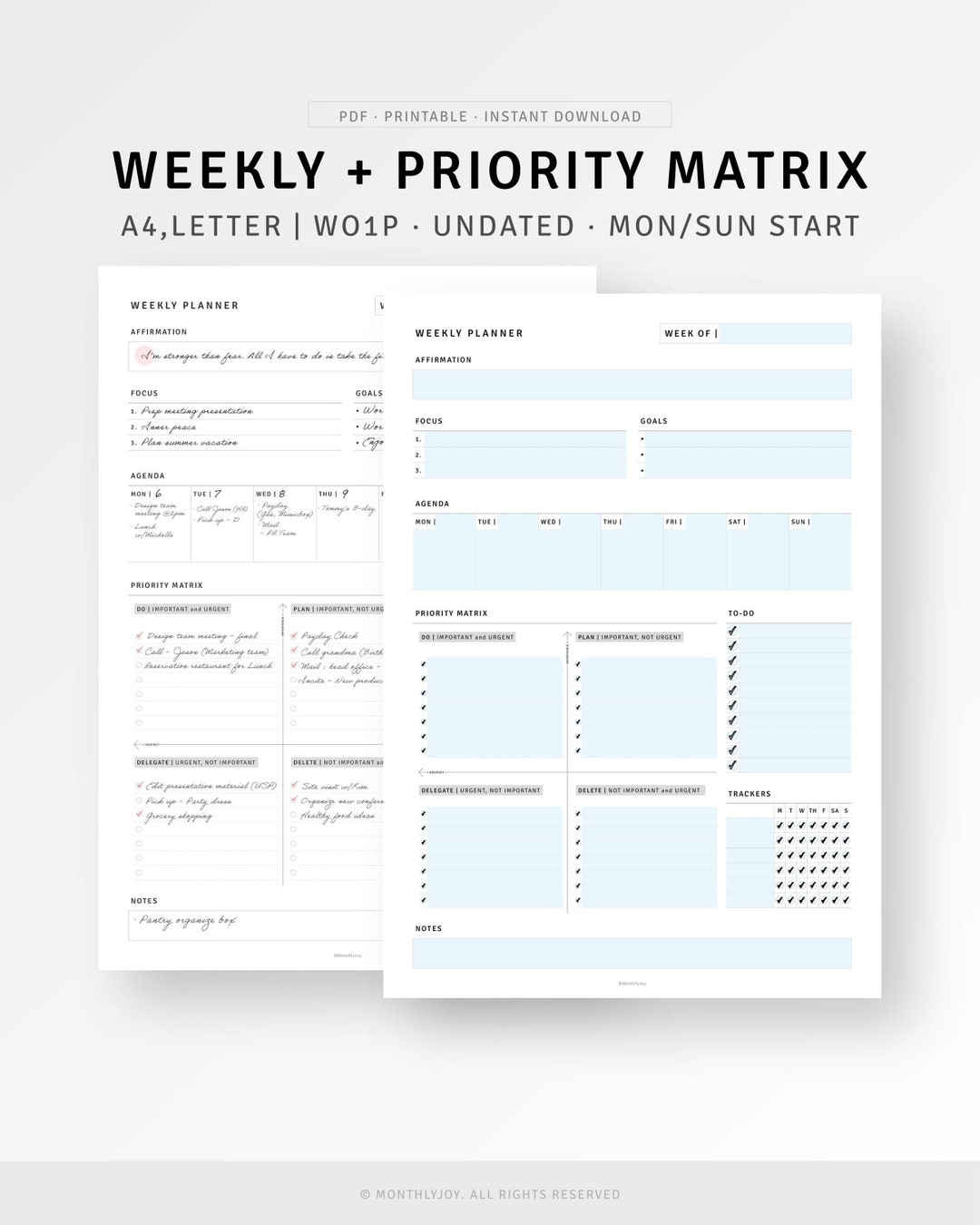 Weekly Planner + Priority Matrix Printable A4/letter Fillable Weekly ...