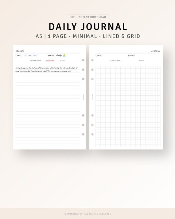 Daily Journal A5 Planner Inserts Printable Minimal Day - Etsy