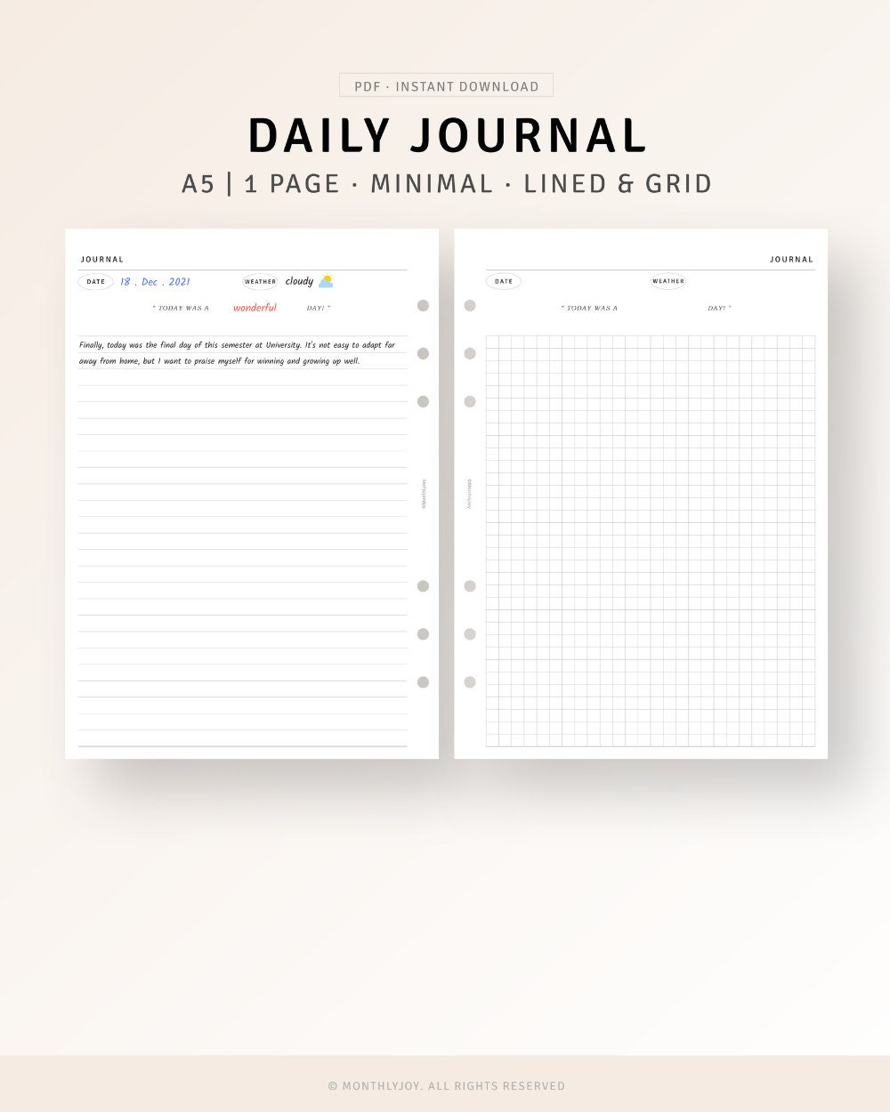 Daily Journal A5 Planner Inserts Printable Minimal Day - Etsy