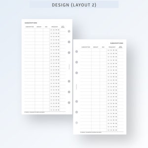 Personal Ring, Subscription Tracker Printable Inserts, Membership Template, Bill Organizer ...