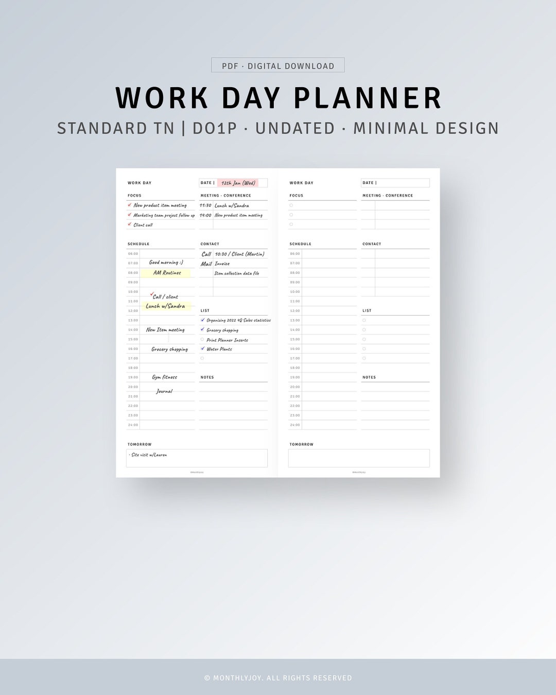 Work Day Planner Printable Midori TN Inserts, Undated Daily Planner ...