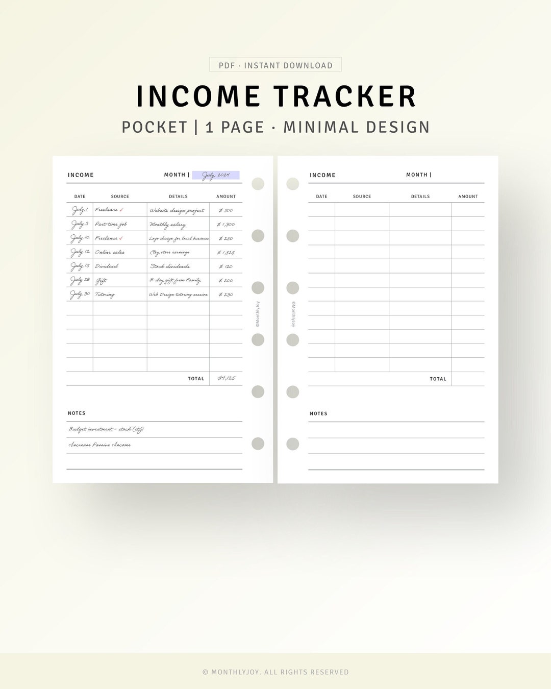 Pocket, Income Tracker Inserts Printable Money Earning Flow Tracker ...