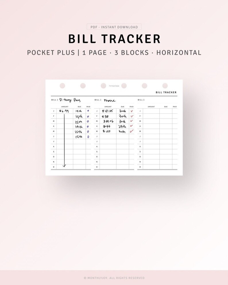 Bill Tracker Printable Pocket Plus Inserts Monthly Bill - Etsy