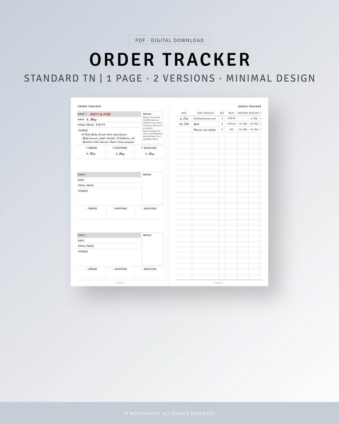 TN STANDARD Order Tracker Printable Purchase Log, Online Shopping ...