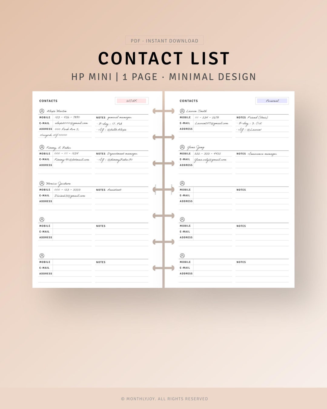 HP Mini Contacts List Template Printable Emergency Contact Information ...
