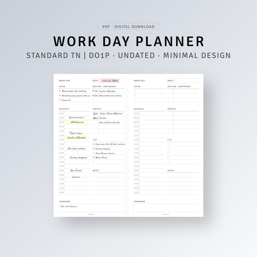 Work Day Planner Printable Midori TN Inserts, Undated Daily Task ...