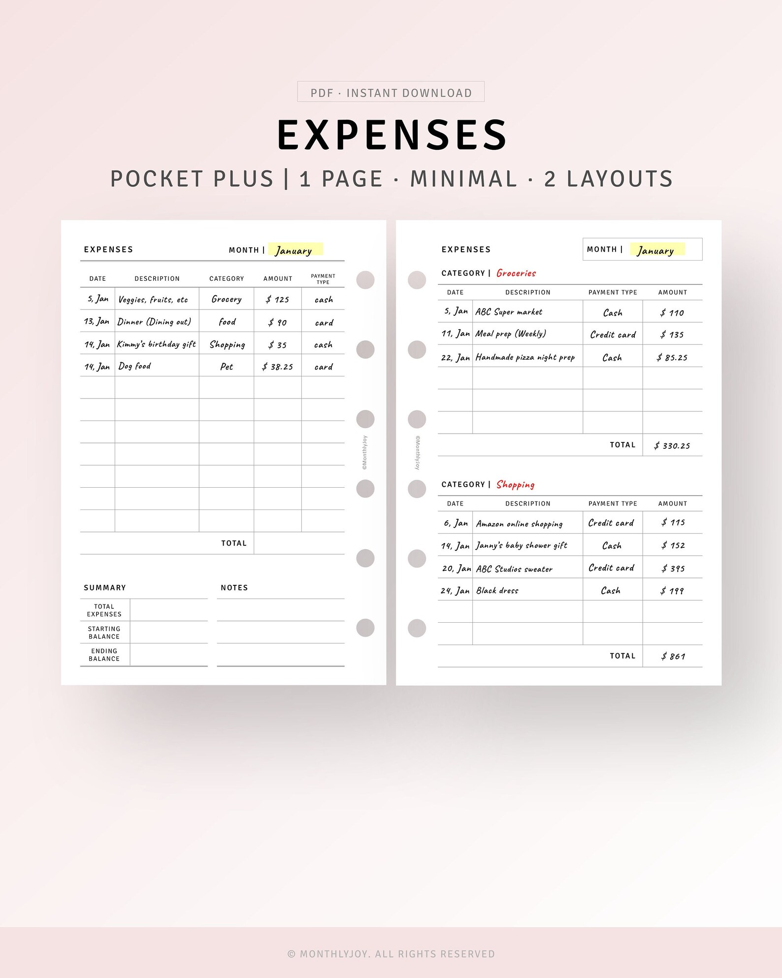 Printable Expense Tracker Pocket Plus Inserts Monthly Expense - Etsy