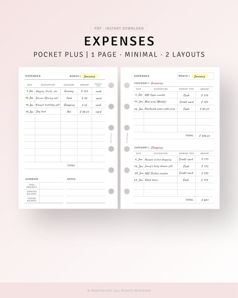 Printable Expense Tracker Pocket Plus Inserts Monthly Expense - Etsy