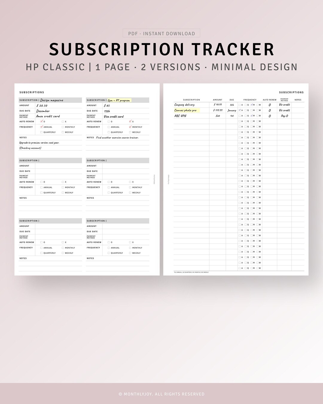 Subscription Tracker HP Classic Printable Inserts, Monthly Membership ...