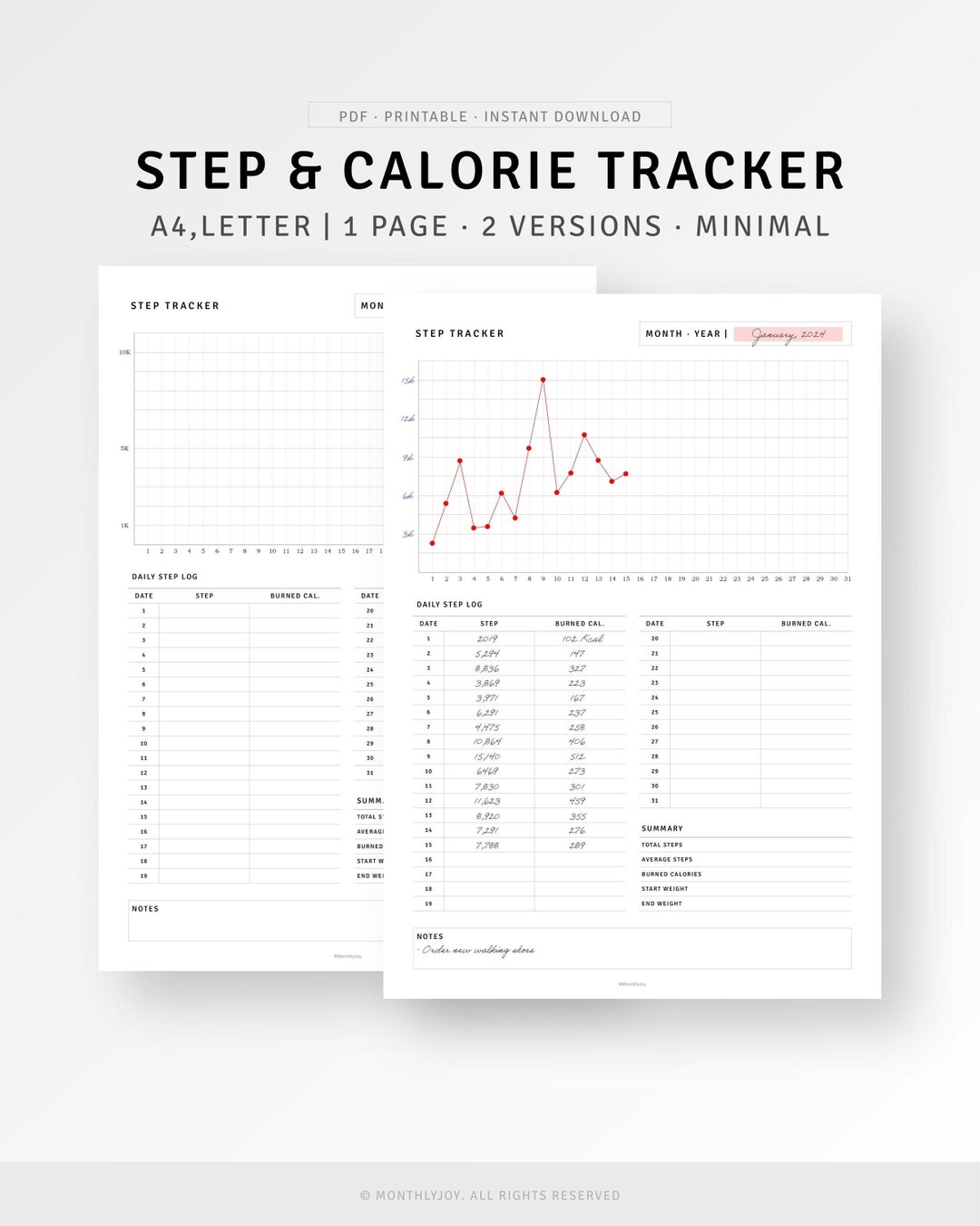 Daily Walking Log Printable Step Tracker Template, Cardio Workout ...