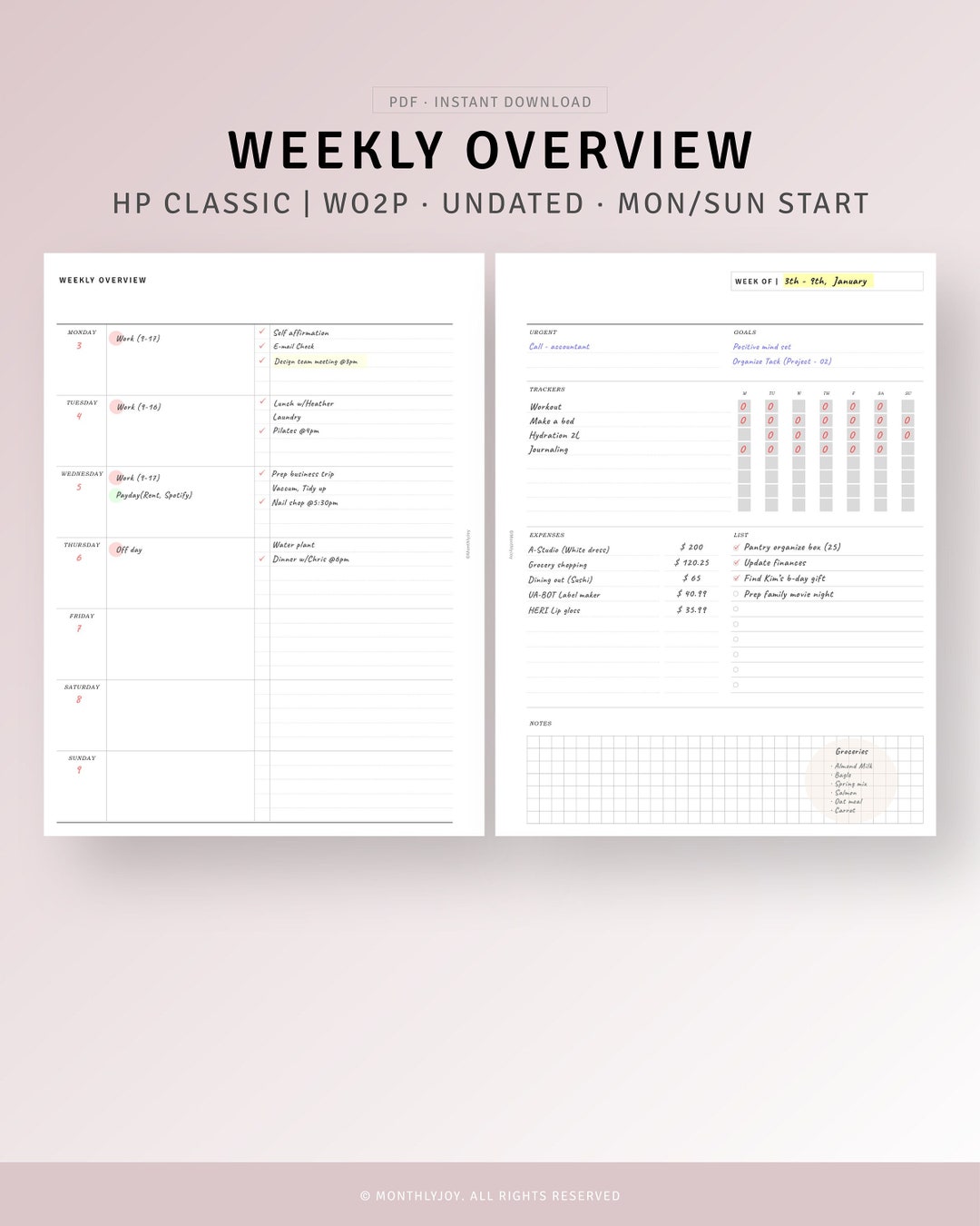 Weekly Overview Template HP Classic Inserts Printable Undated Weekly ...