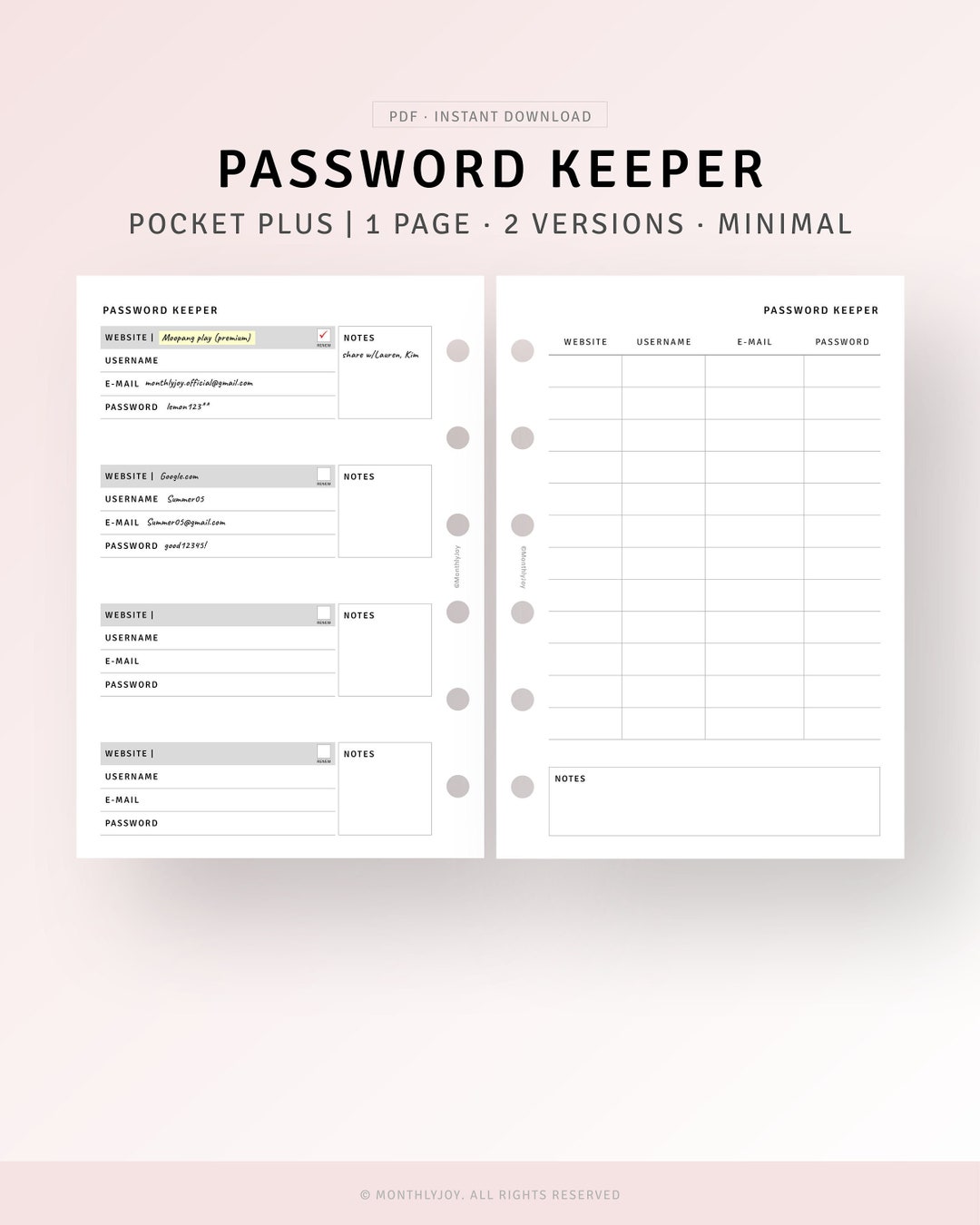 Password Tracker Pocket Plus Inserts Printable, Website Username ...