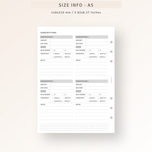 Subscription Tracker A5 Printable Planner Inserts, Membership Log ...