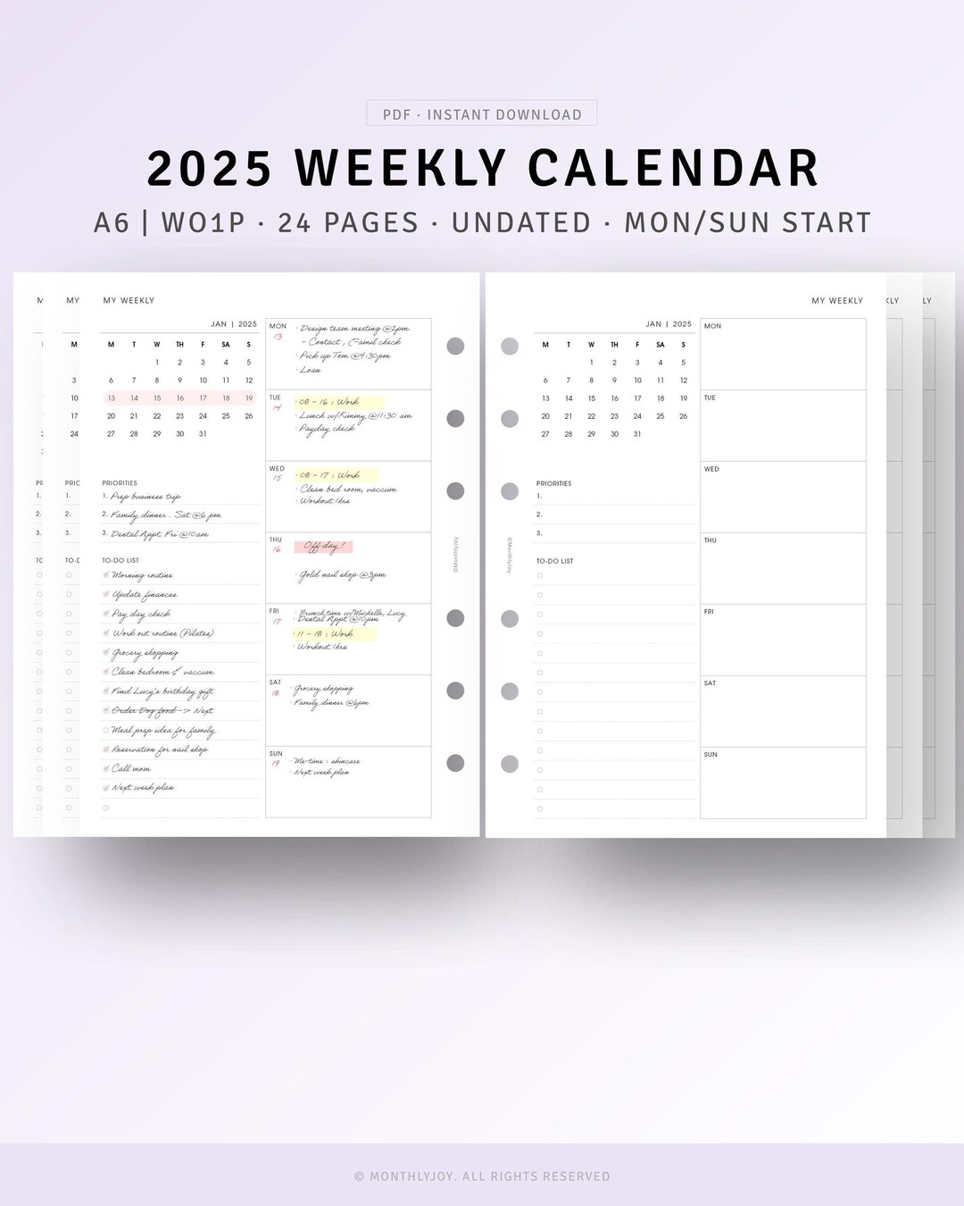 2025 Weekly Calendar Printable A6 Planner Inserts, Daily Schedule ...