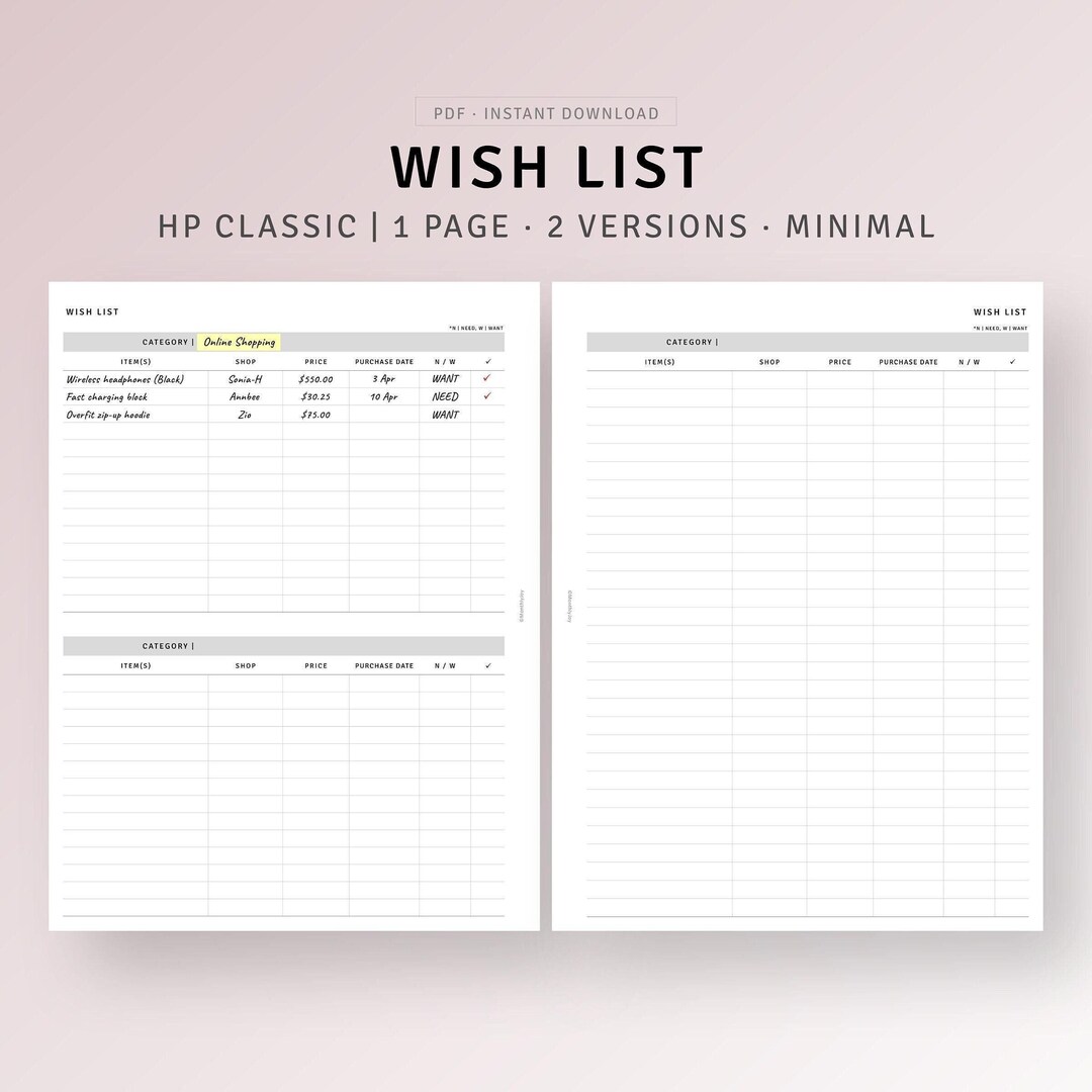 Wish List Tracker Printable HP Classic Ring, Shopping List, to Buy List ...