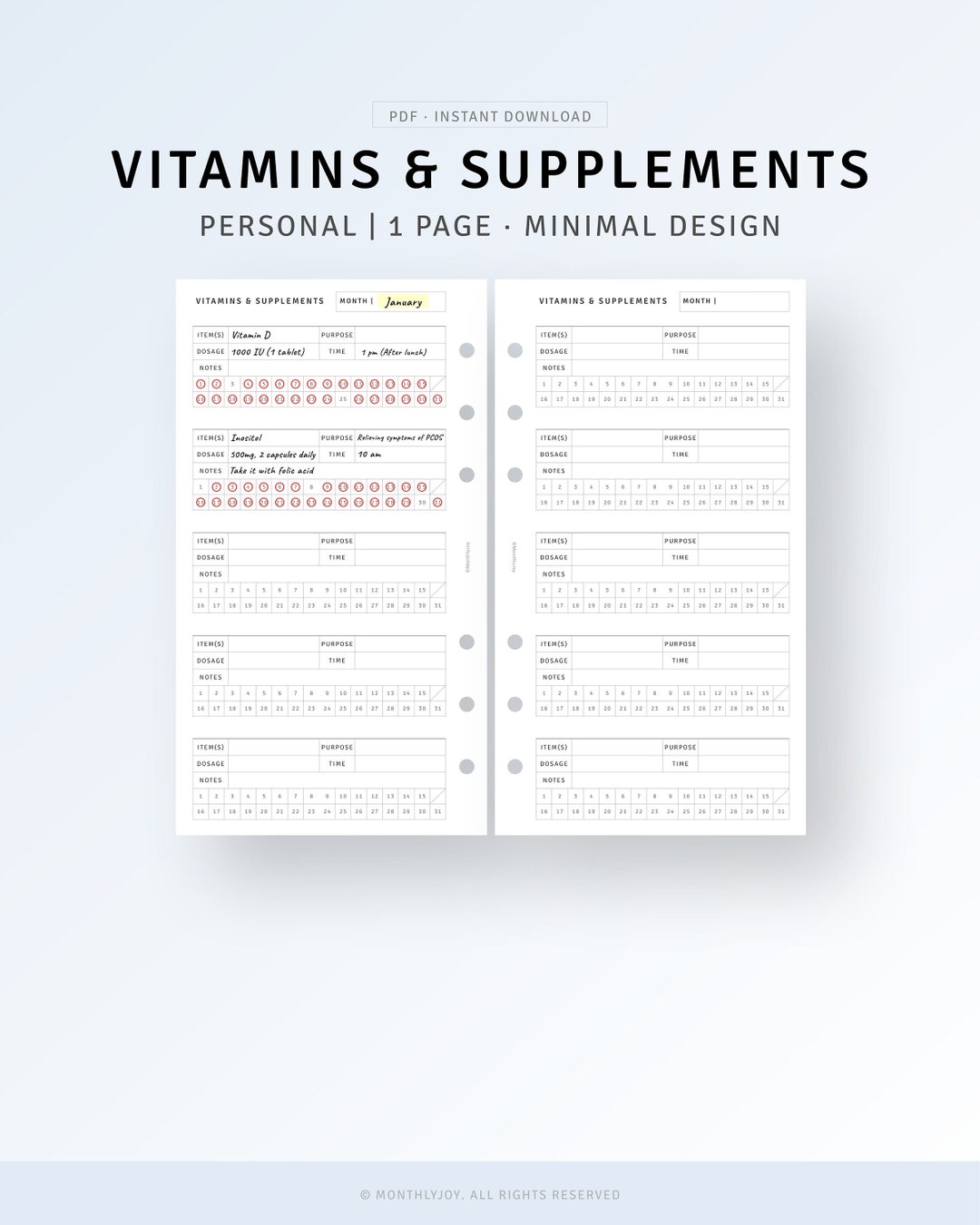 Personal, Vitamin and Supplement Tracker Printable Medication Log Sheet ...