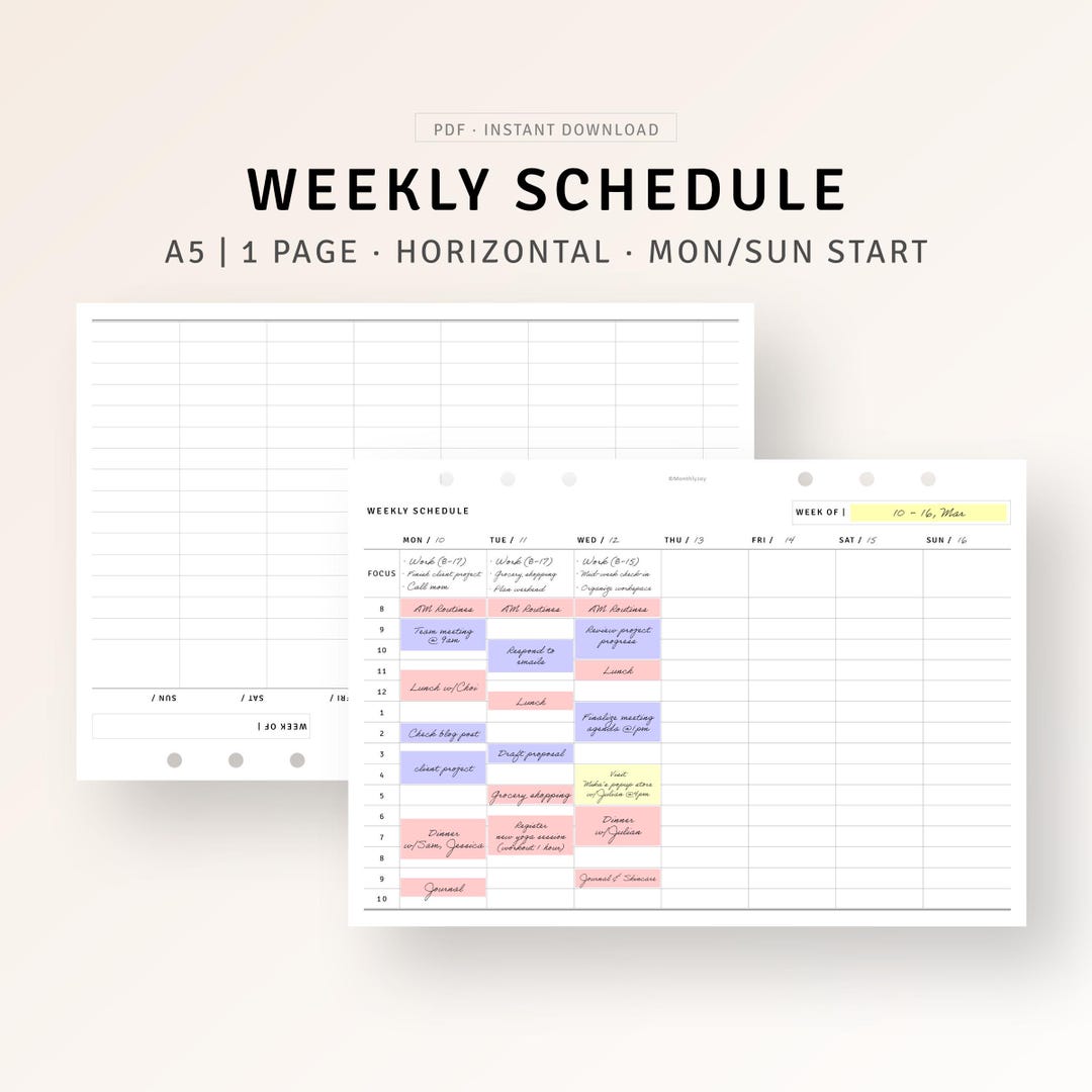 Weekly Hourly Schedule A5 Inserts Printable Time Blocking Template PDF ...