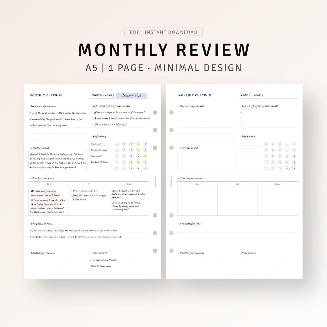 A5 Monthly Review Printable Month Reflection Template PDF, Month Check ...
