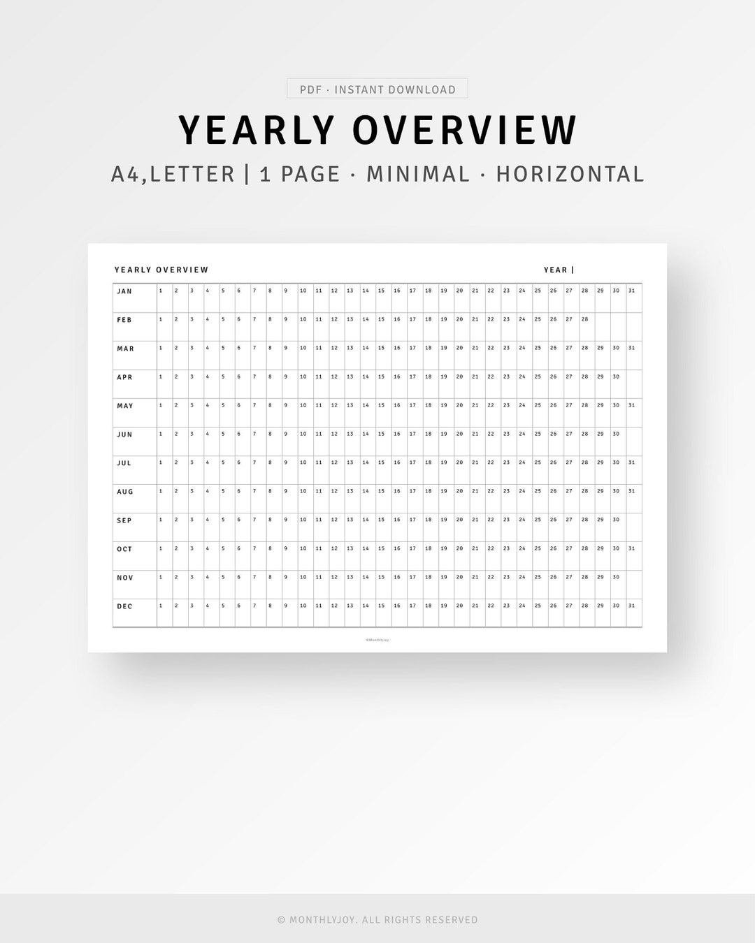 Year at A Glance A4/letter Size Planner Printable Yearly Planner PDF ...