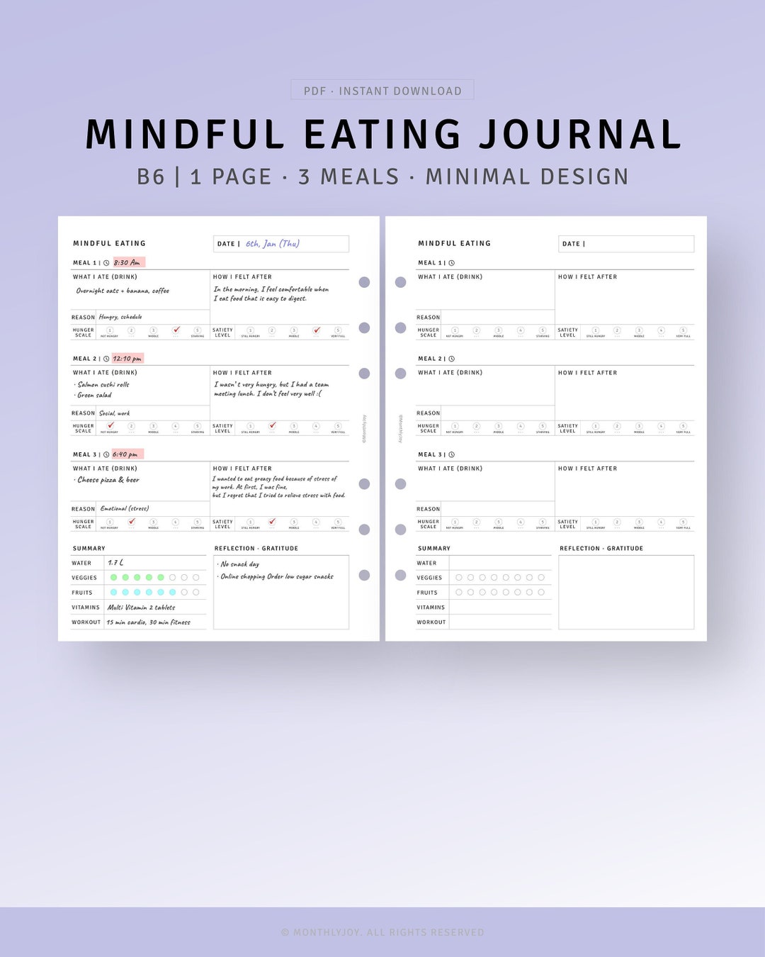 Mindful Eating Journal B6 Planner Inserts Printable Food Log Diary Tracker, Intuitive Eating ...
