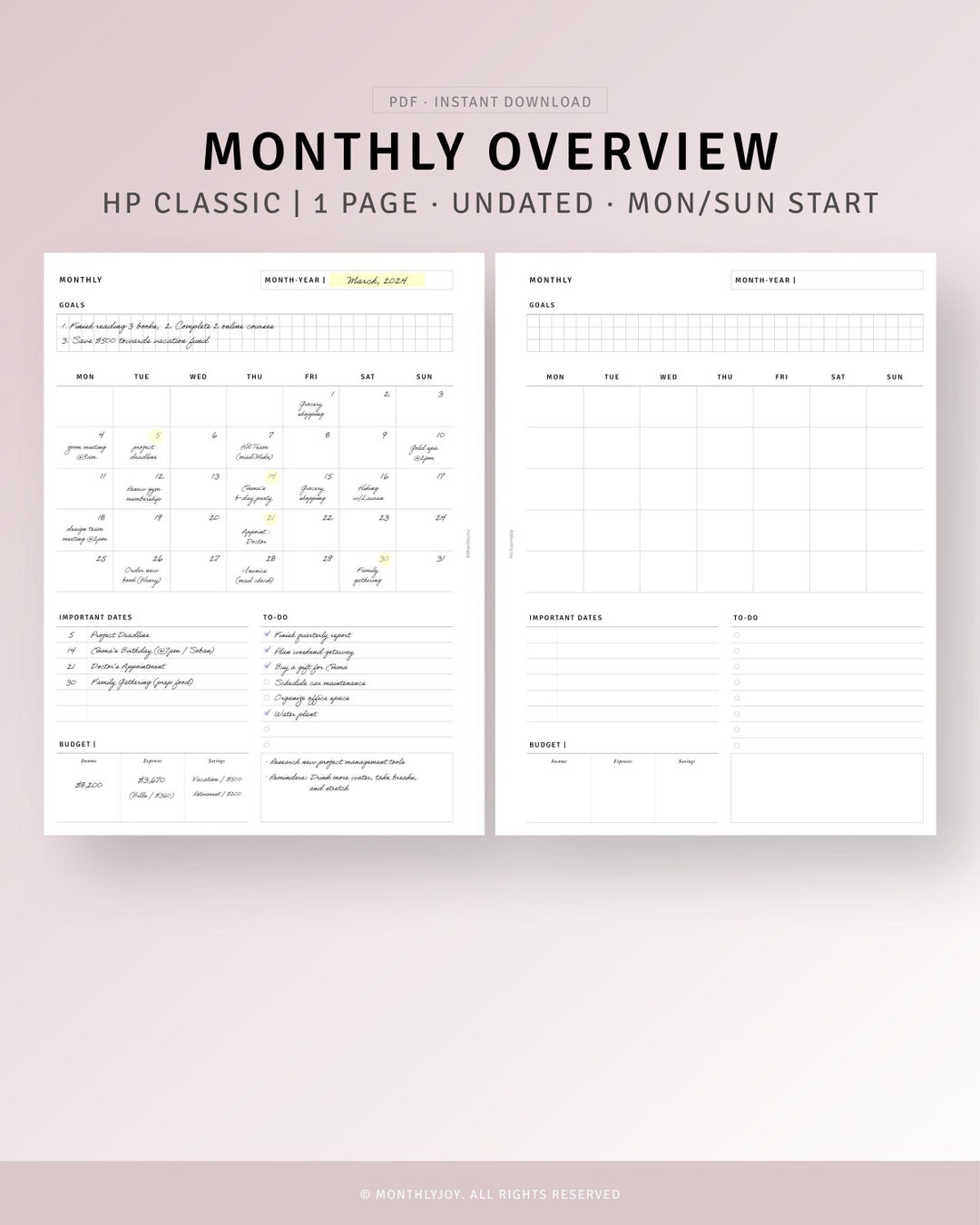 Monthly Overview HP Classic Inserts Printable Calendar Template, Month ...