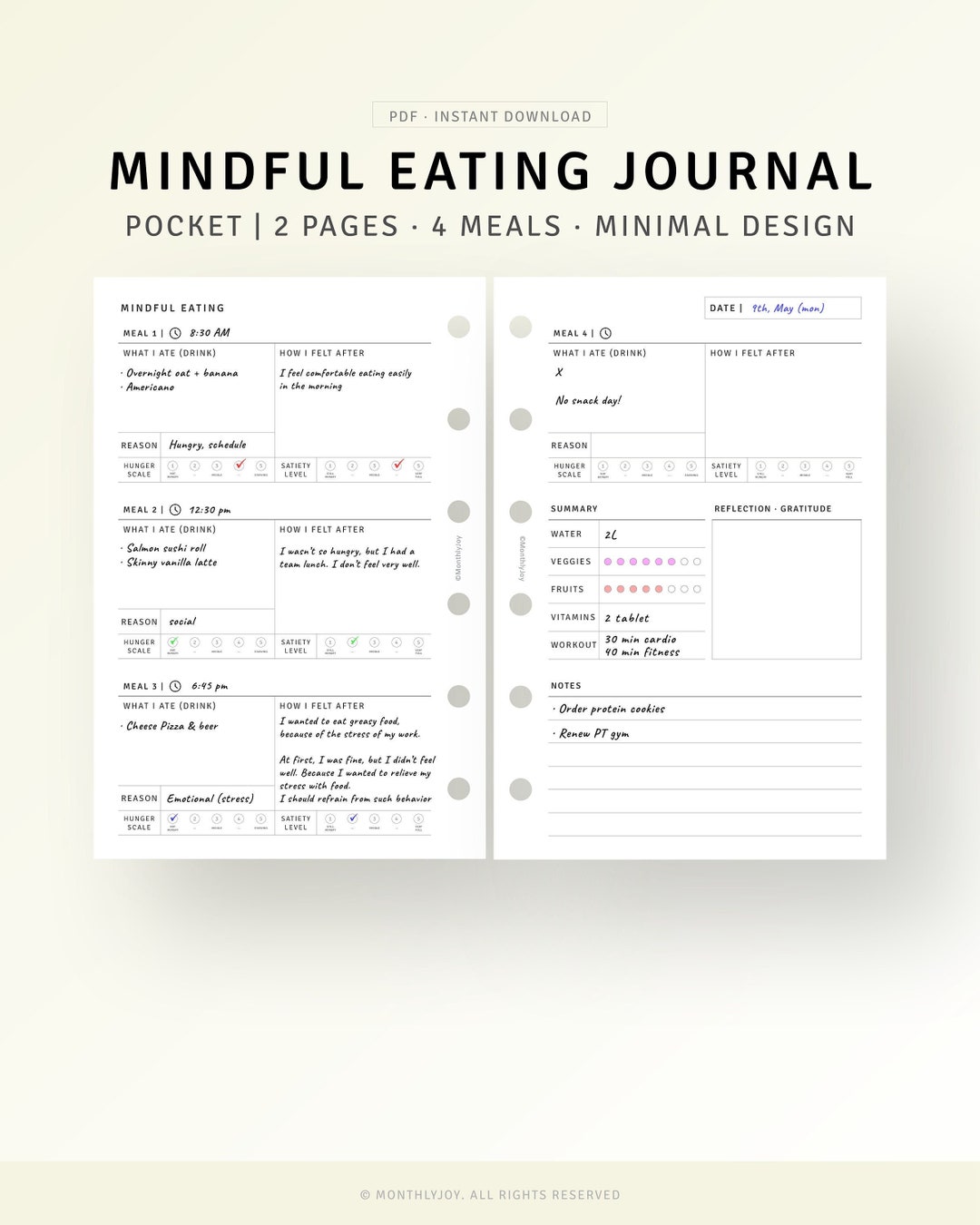 Mindful Eating Food Journal Printable Pocket Size Inserts, Food ...